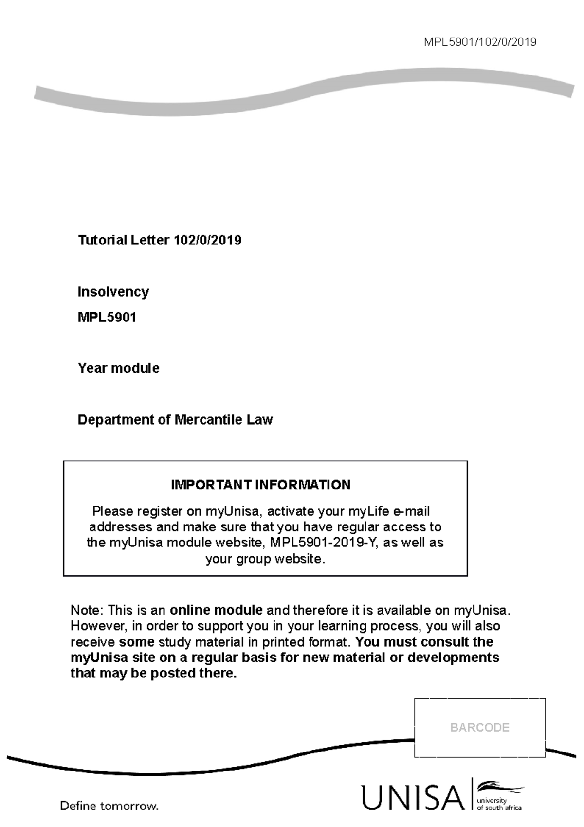 MPL5901 TL102 0 2019 - Law of insolvency - MPL5901/102/0/ Tutorial ...