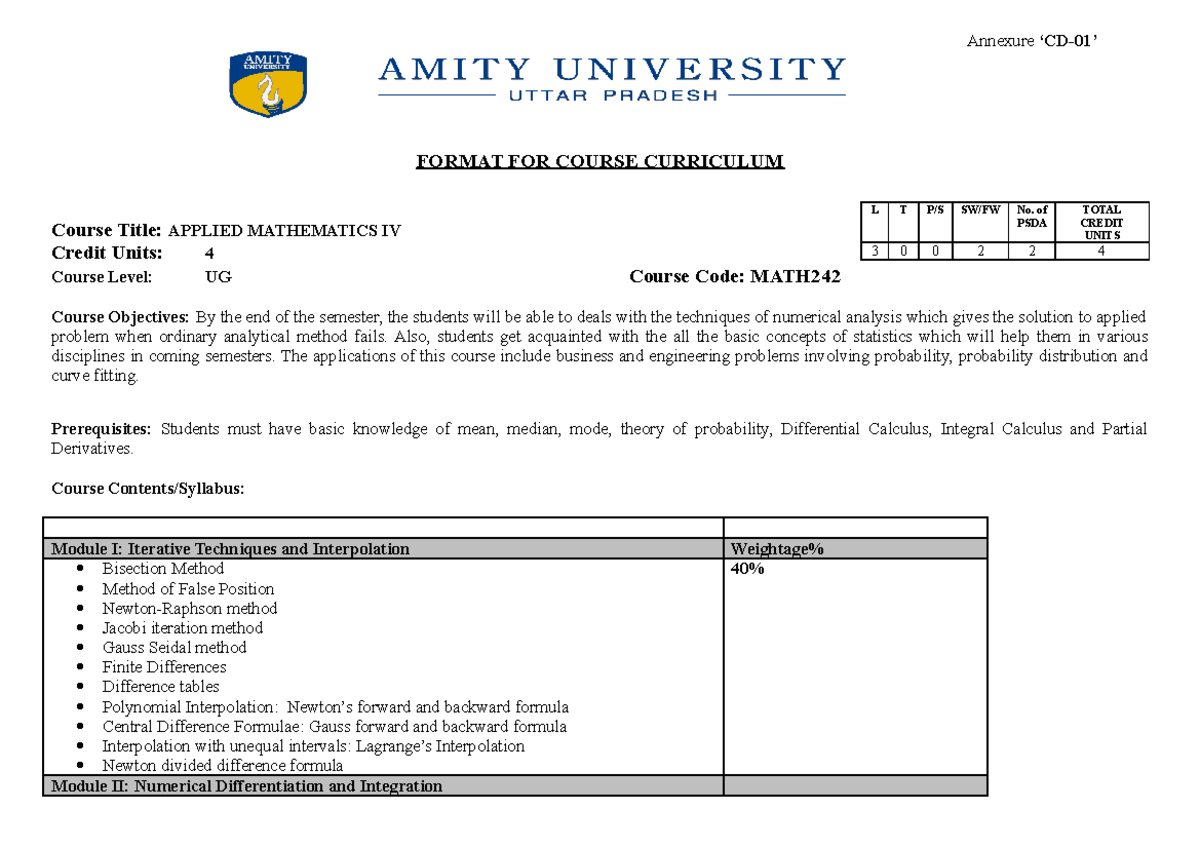 Applied Mathematics IV Annexure CD 01 FORMAT FOR COURSE applied-mathematics-iv-annexure-cd-01-format-for-course