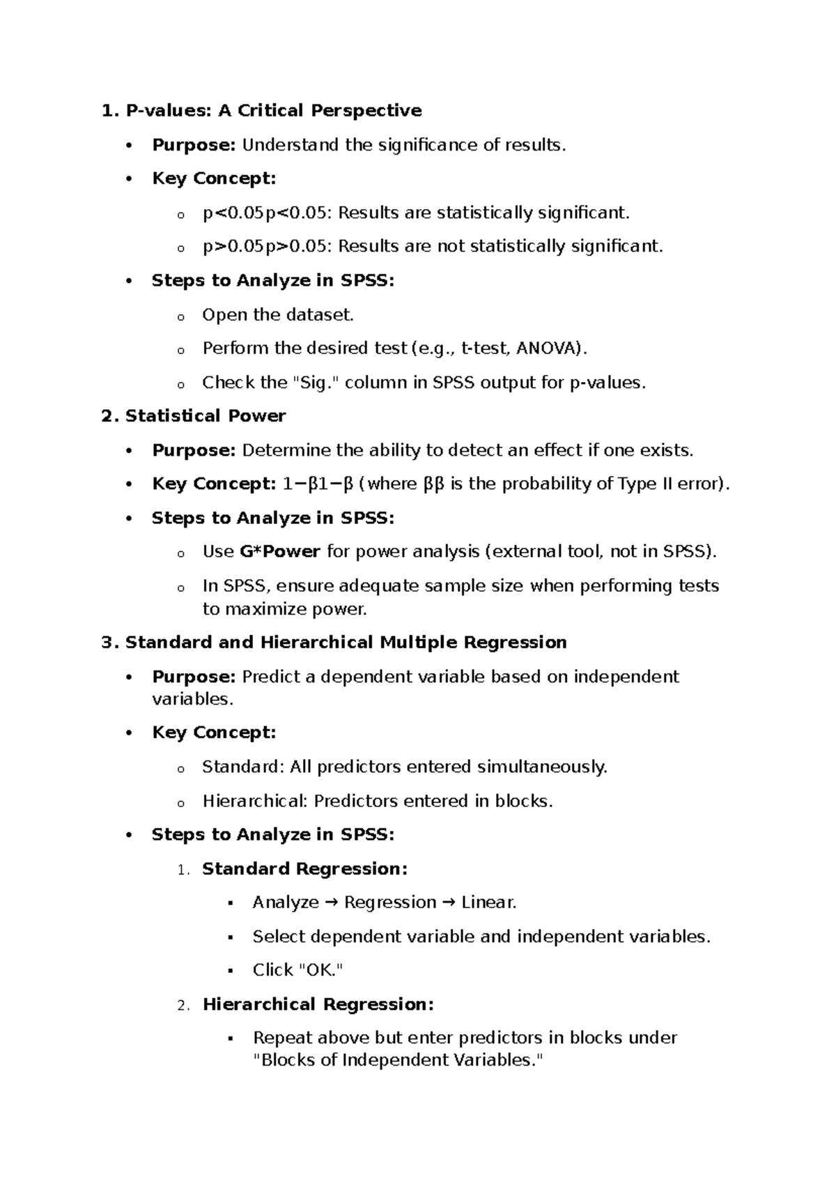 Exam sheet - breakdown of tests to run with examples - 1. P-values: A ...
