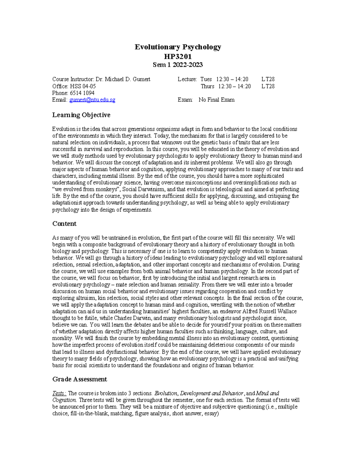 Evo Psych Syllabus 2022-23 S1 - Evolutionary Psychology HP Sem 1 2022 ...