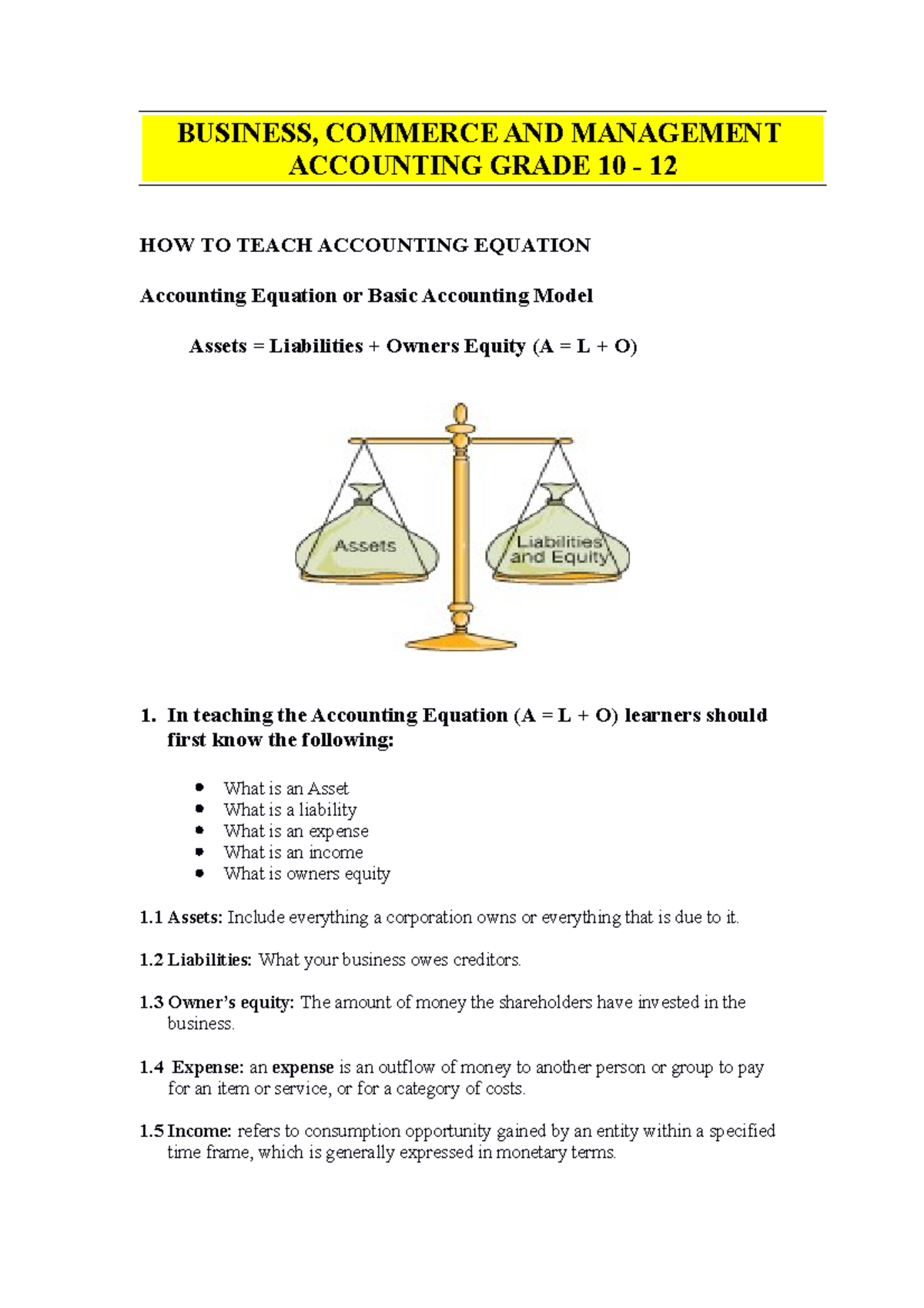 Accounting Grade 10 - 12 HOW TO Teach ACC Equation - BUSINESS, COMMERCE ...
