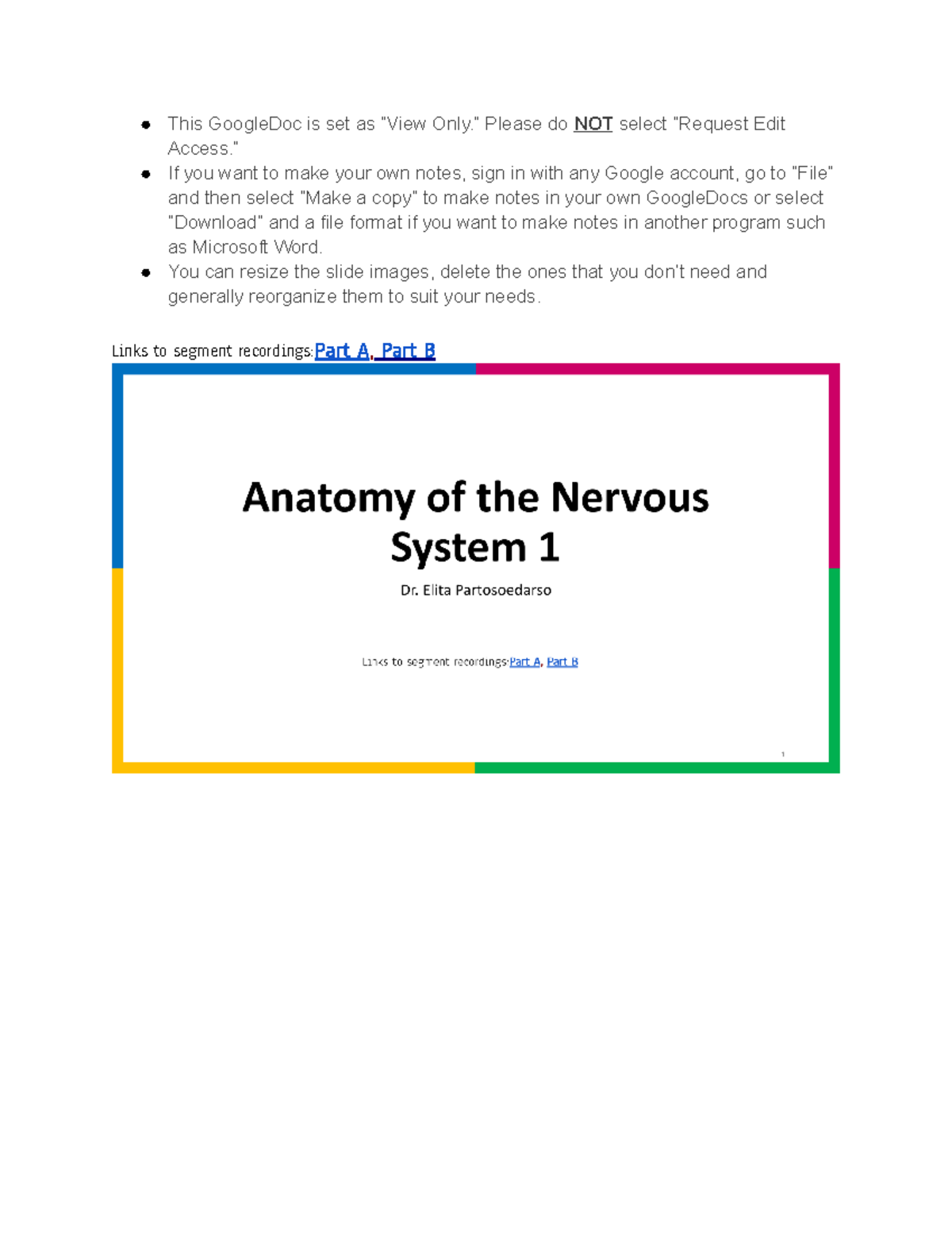 Lecture 16 Anatomy of the Nervous System 1 - This GoogleDoc is set as ...