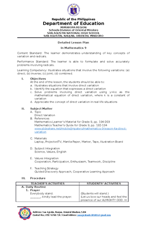 Grade-7 - lesson plan - Detailed Lesson Plan in Math (Grade 7) I. OBJECTIVES Learning ...