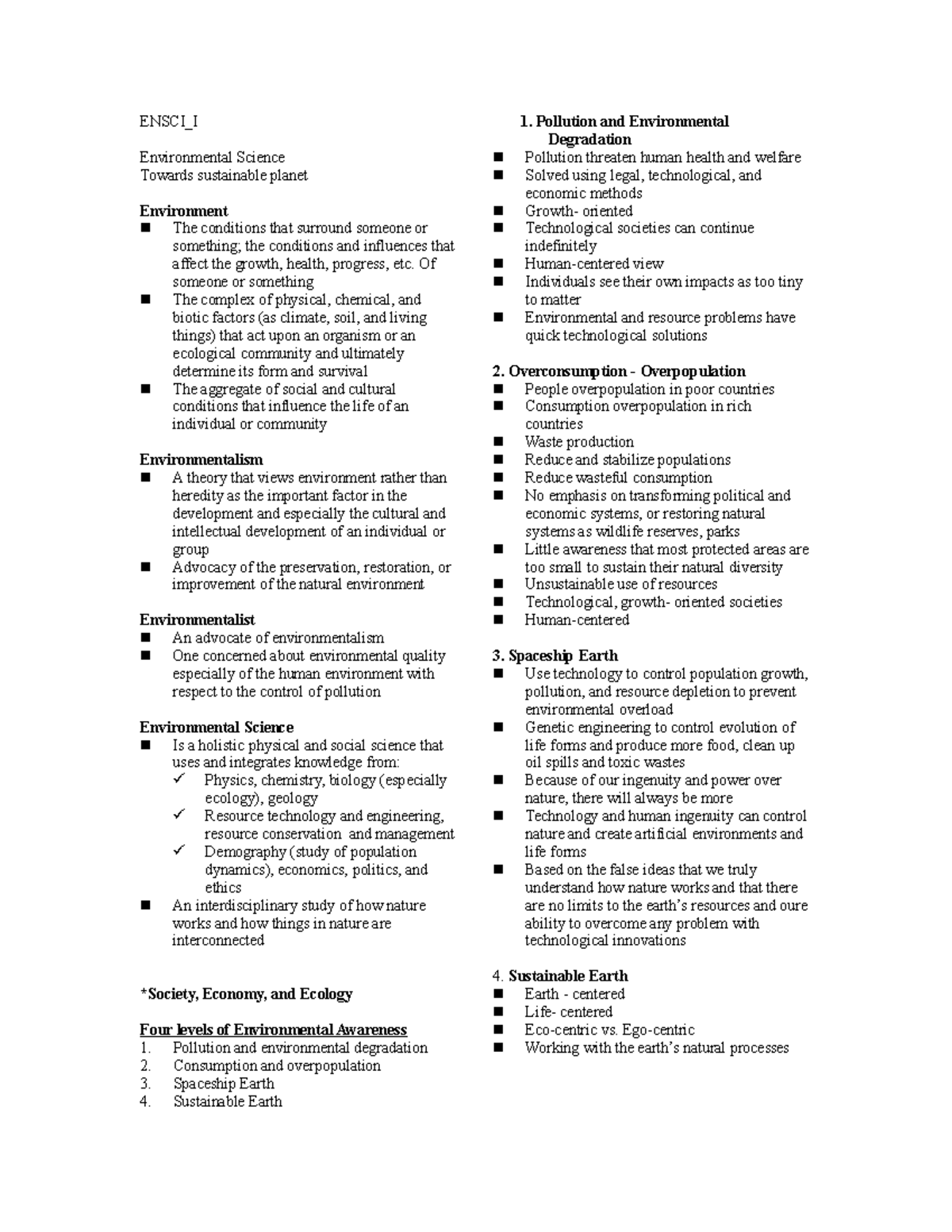 Ensci Notes 1 - none - ENSCI_I Environmental Science Towards ...