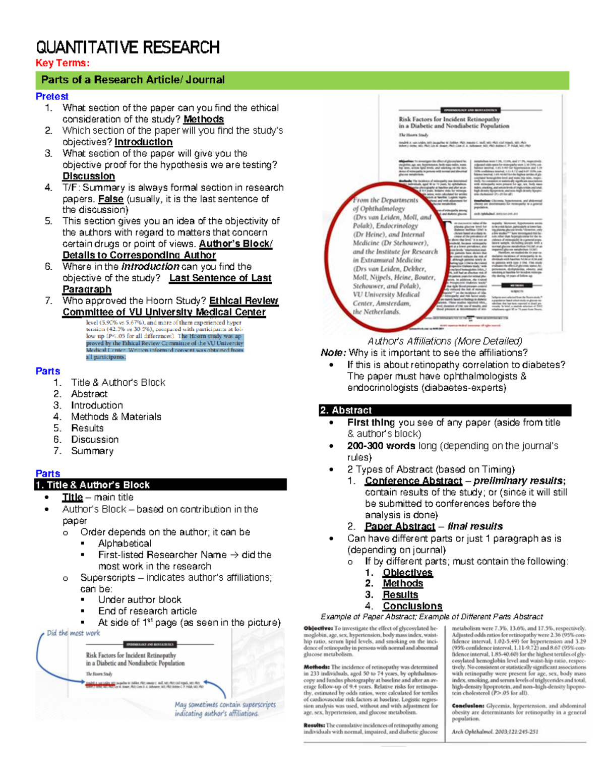 Quantitative Observational Study Module - QUANTITATIVE RESEARCH Key ...