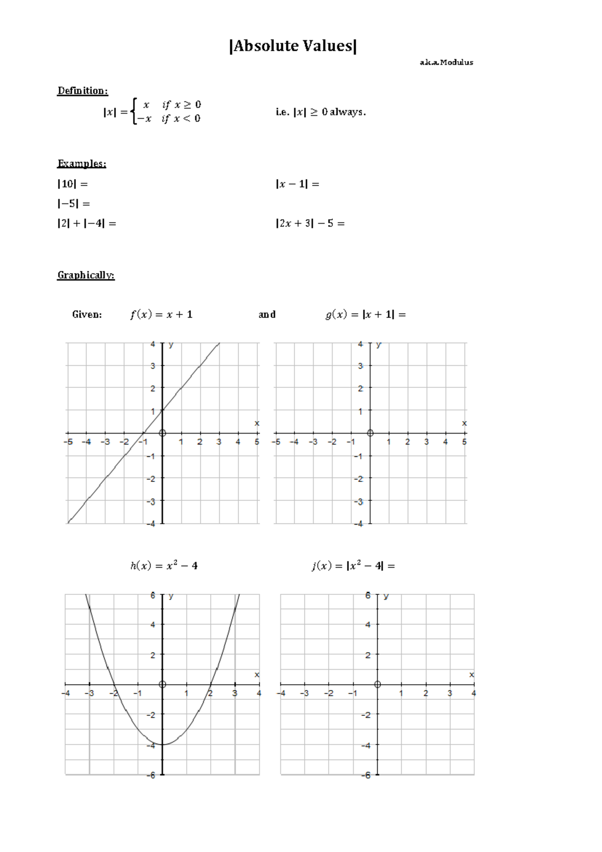 Absolute Values - Notes - |Absolute Values| a.k. Modulus Definition: |𝑥 ...