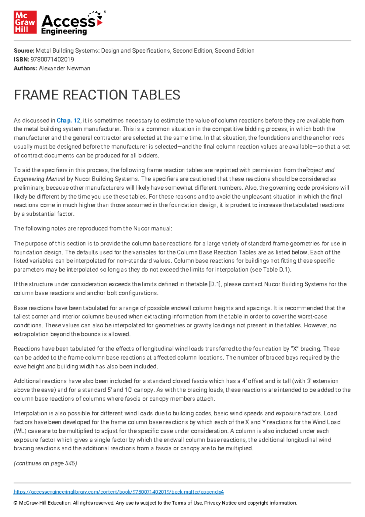 Frame-reaction-tables - Source: Metal Building Systems: Design and ...