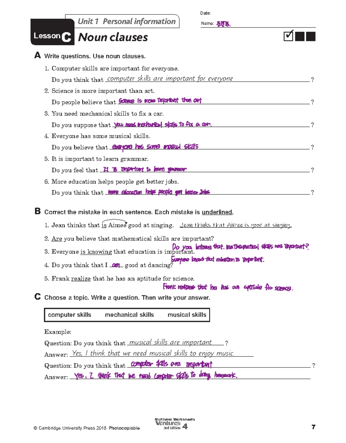 Multilevel Worksheets Level 4 Unit 1 Lesson C (fillable) - Unit 1 Personal information Name ...