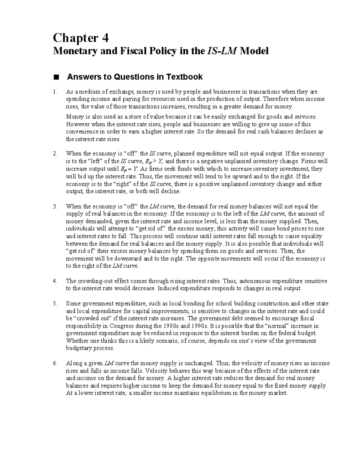 IM 04ii - test bank - Chapter 4 Monetary and Fiscal Policy in the IS-LM ...