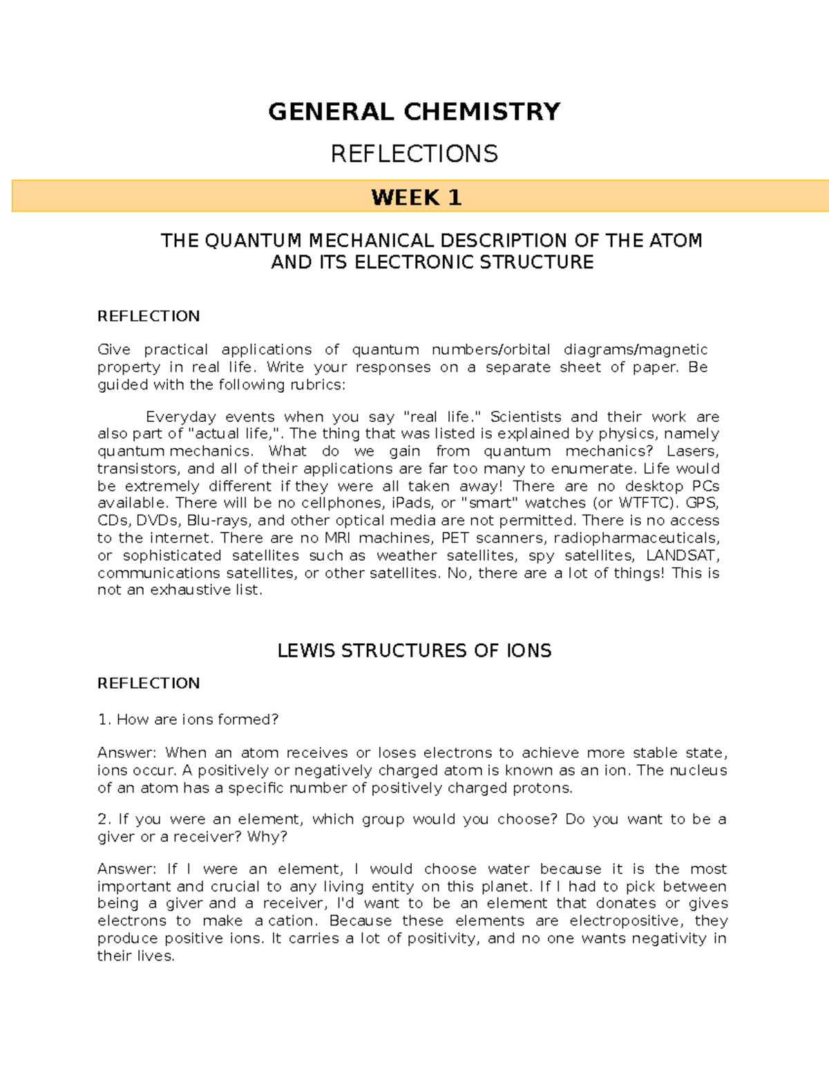 Chemistry - Assignment - GENERAL CHEMISTRY REFLECTIONS THE QUANTUM ...