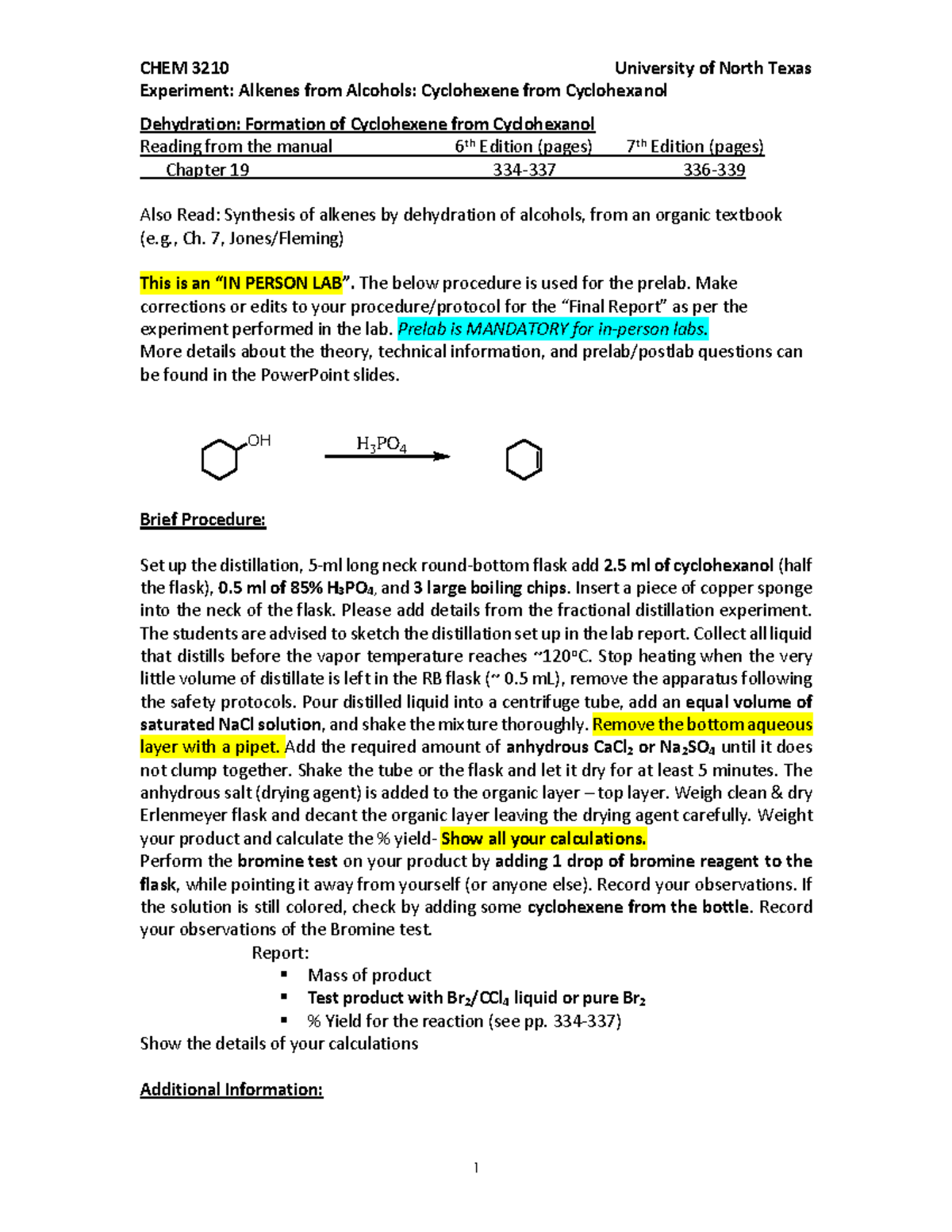 3210 Experiment - Dehydration of cyclohexanol - CHEM 3210 Experiment : Alkenes from Alcohols ...