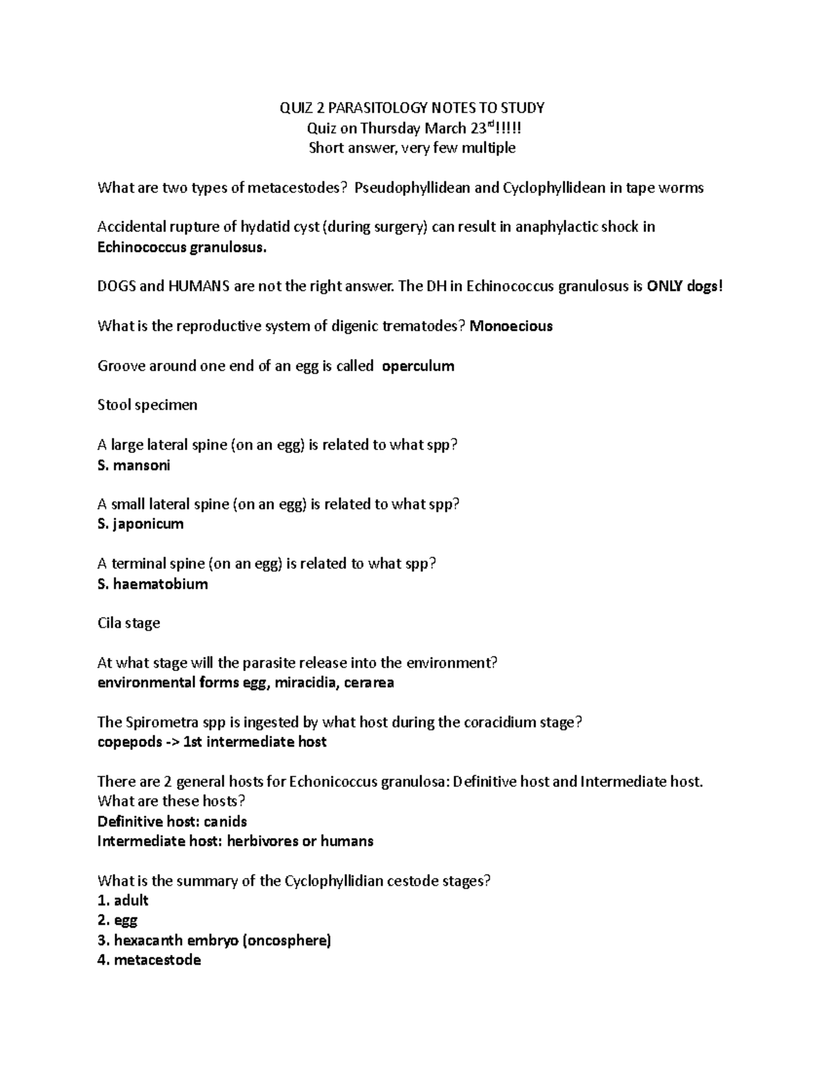 QUIZ 2 Parasitology Notes TO Study - QUIZ 2 PARASITOLOGY NOTES TO STUDY ...