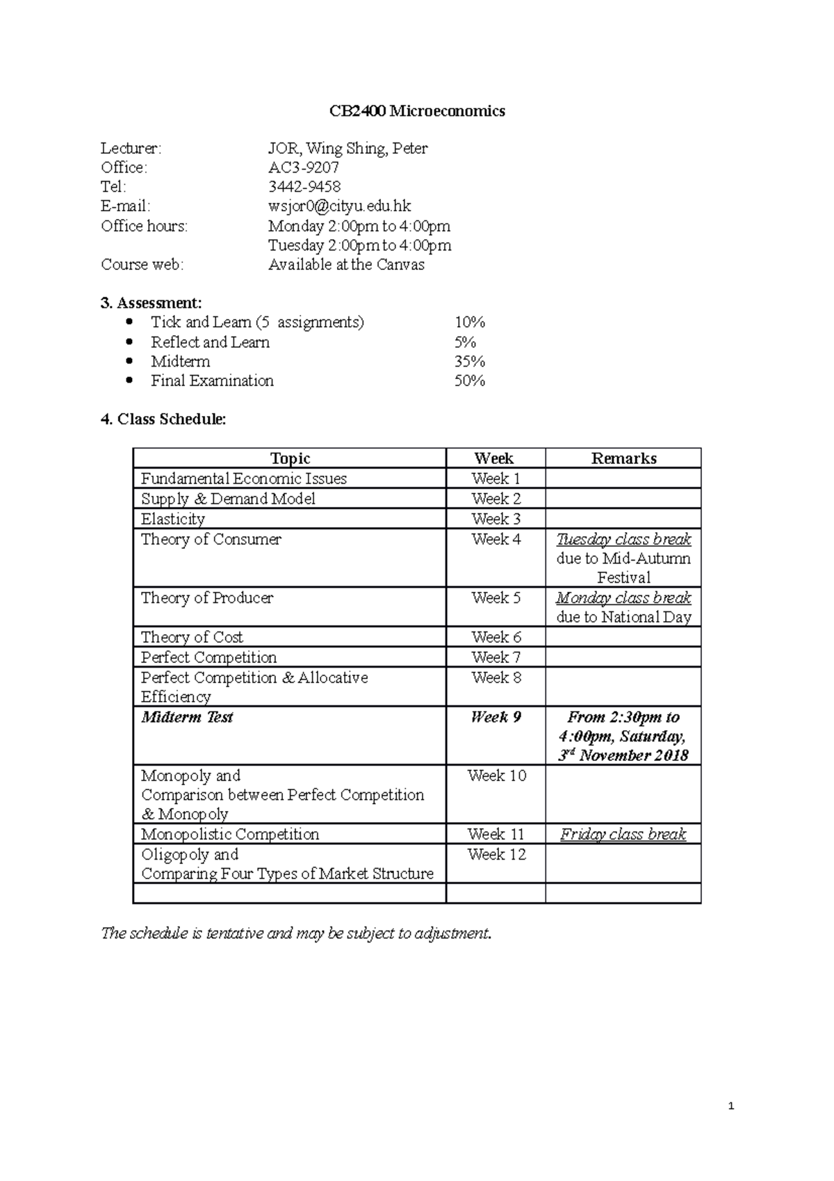 Micro Schedule - CB2400 Microeconomics Lecturer: JOR, Wing Shing, Peter ...