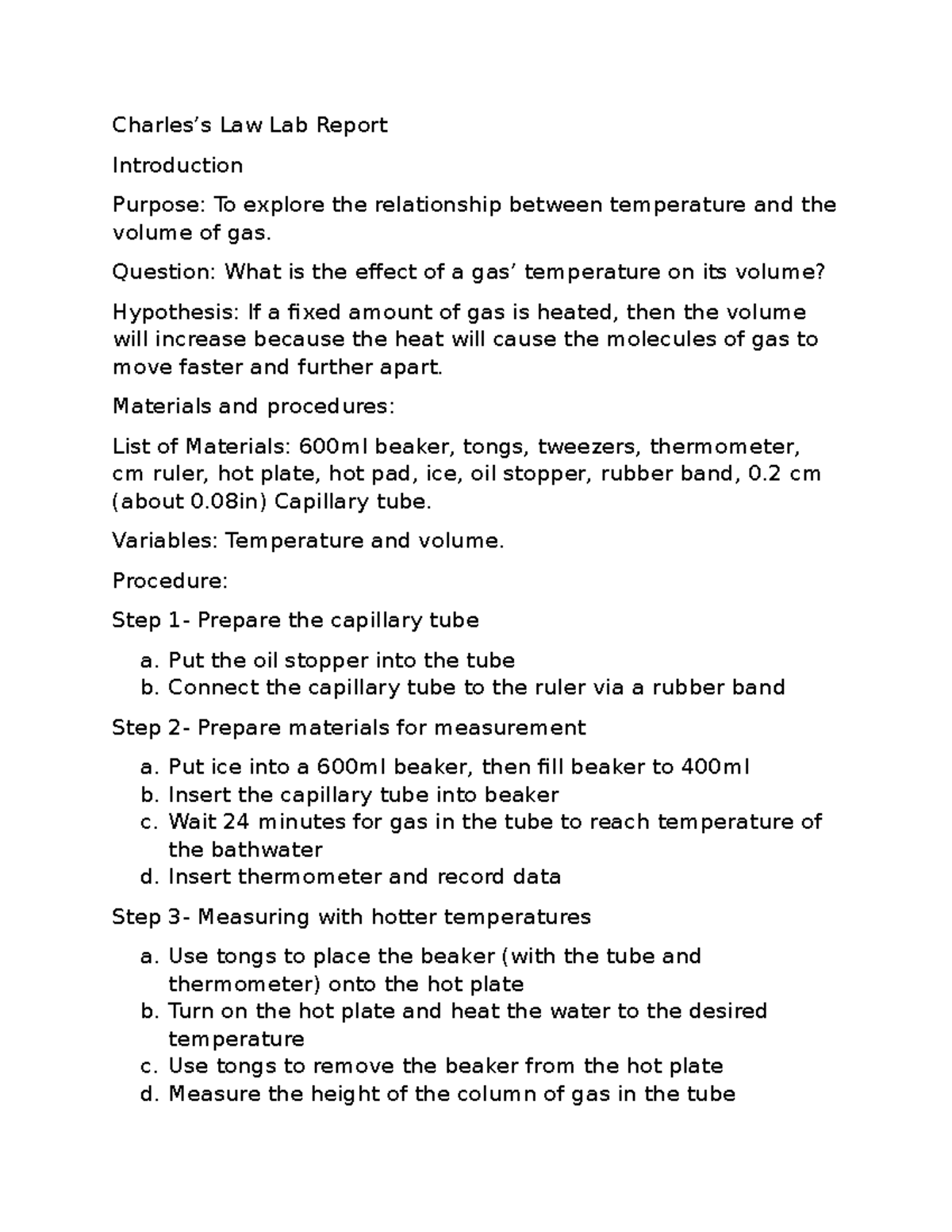 Charles law lab - Charles’s Law Lab Report Introduction Purpose: To ...