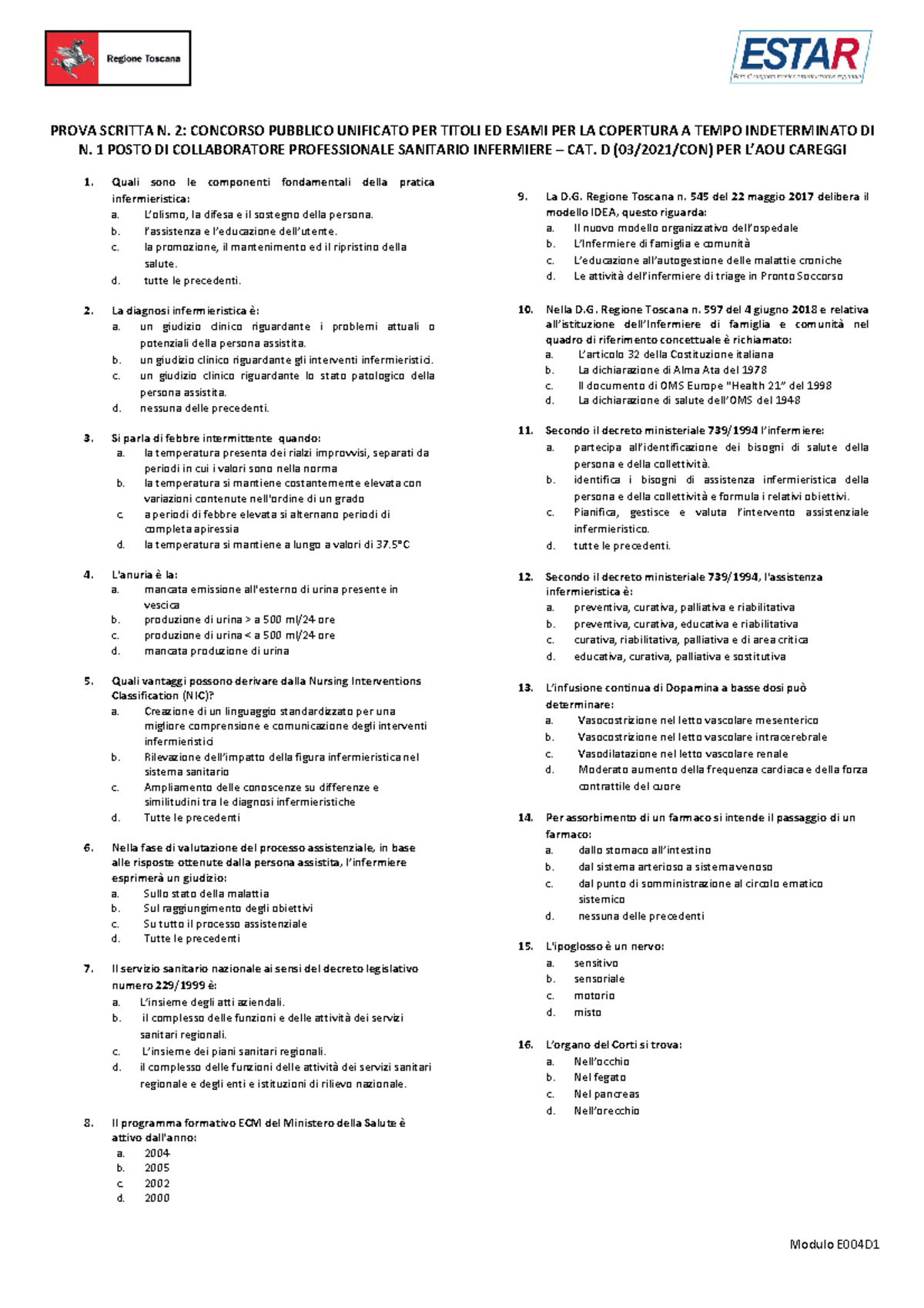 TEST- Scritto-2 - Modulo E004D PROVA SCRITTA N. 2: CONCORSO PUBBLICO ...