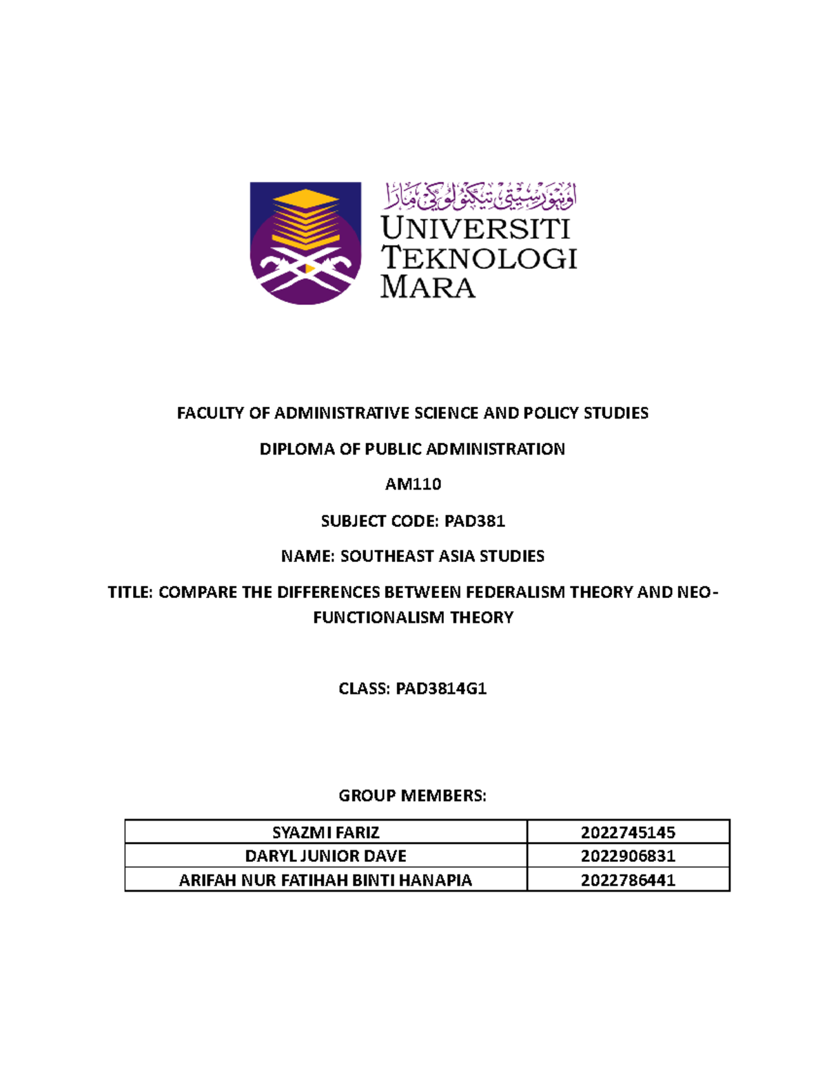 PAD381.Written Assingment(Q2) - FACULTY OF ADMINISTRATIVE SCIENCE AND ...