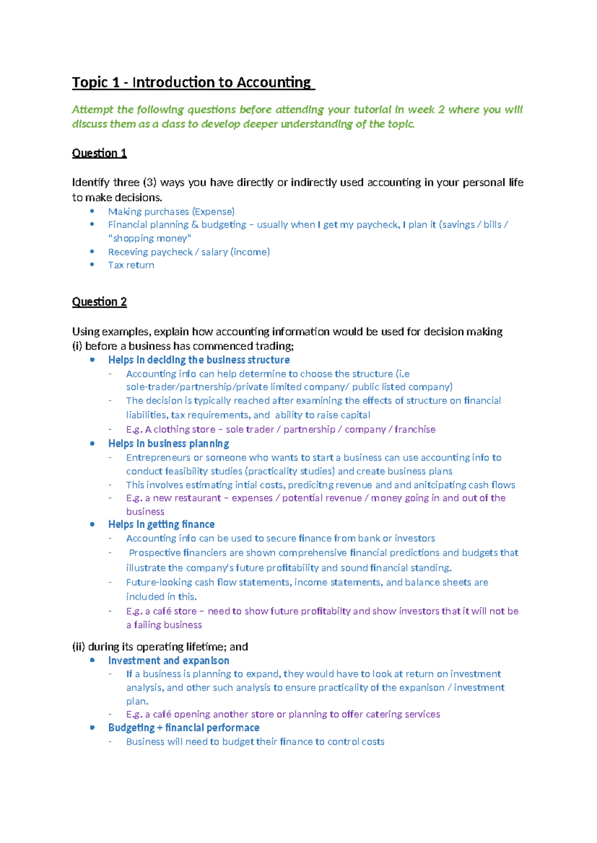 Topic 1 Tutorial Exercises - Topic 1 - Introduction to Accounting ...