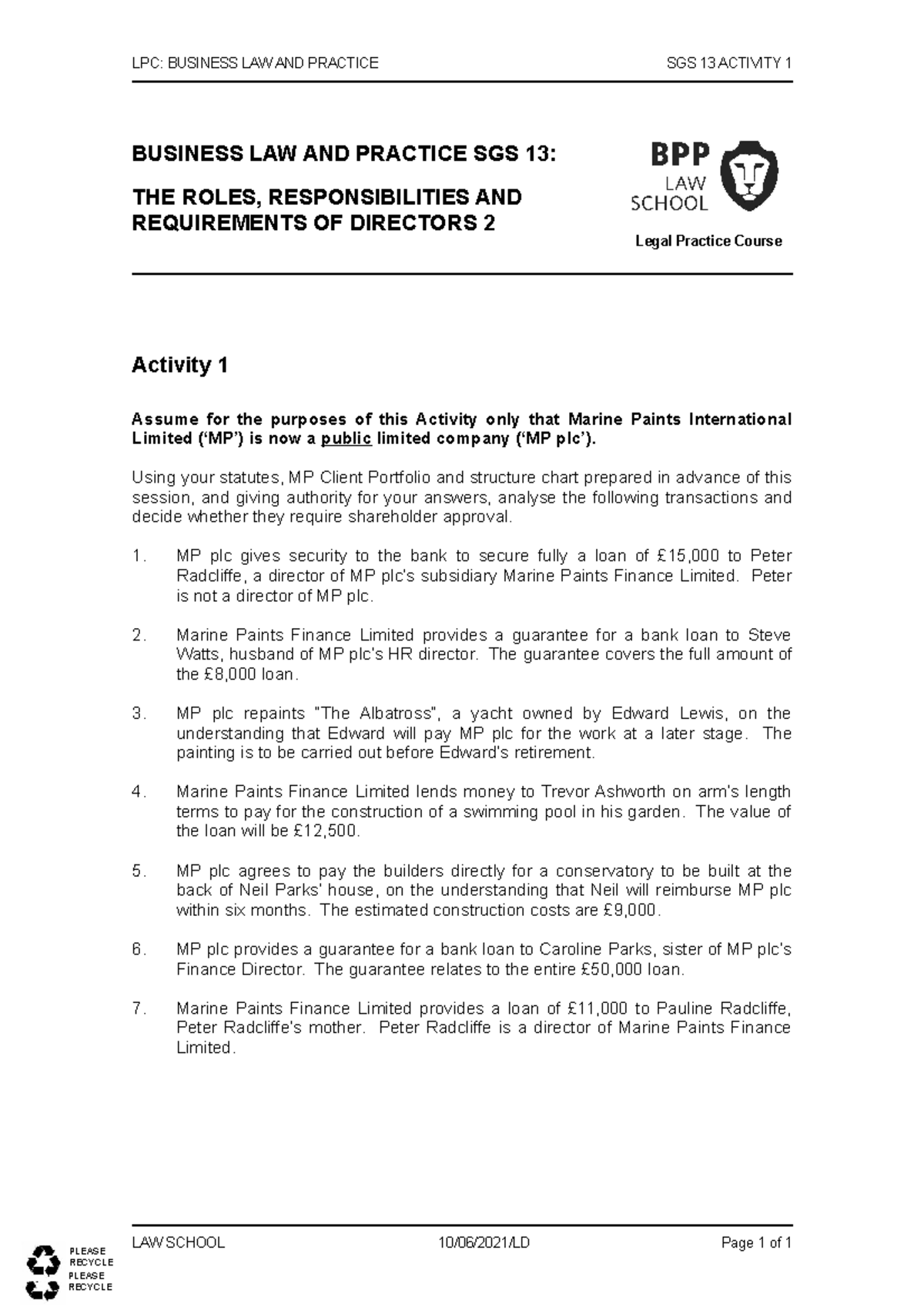 BLP SGS 13 Activity 1 - LPC: BUSINESS LAW AND PRACTICE SGS 13 ACTIVITY ...