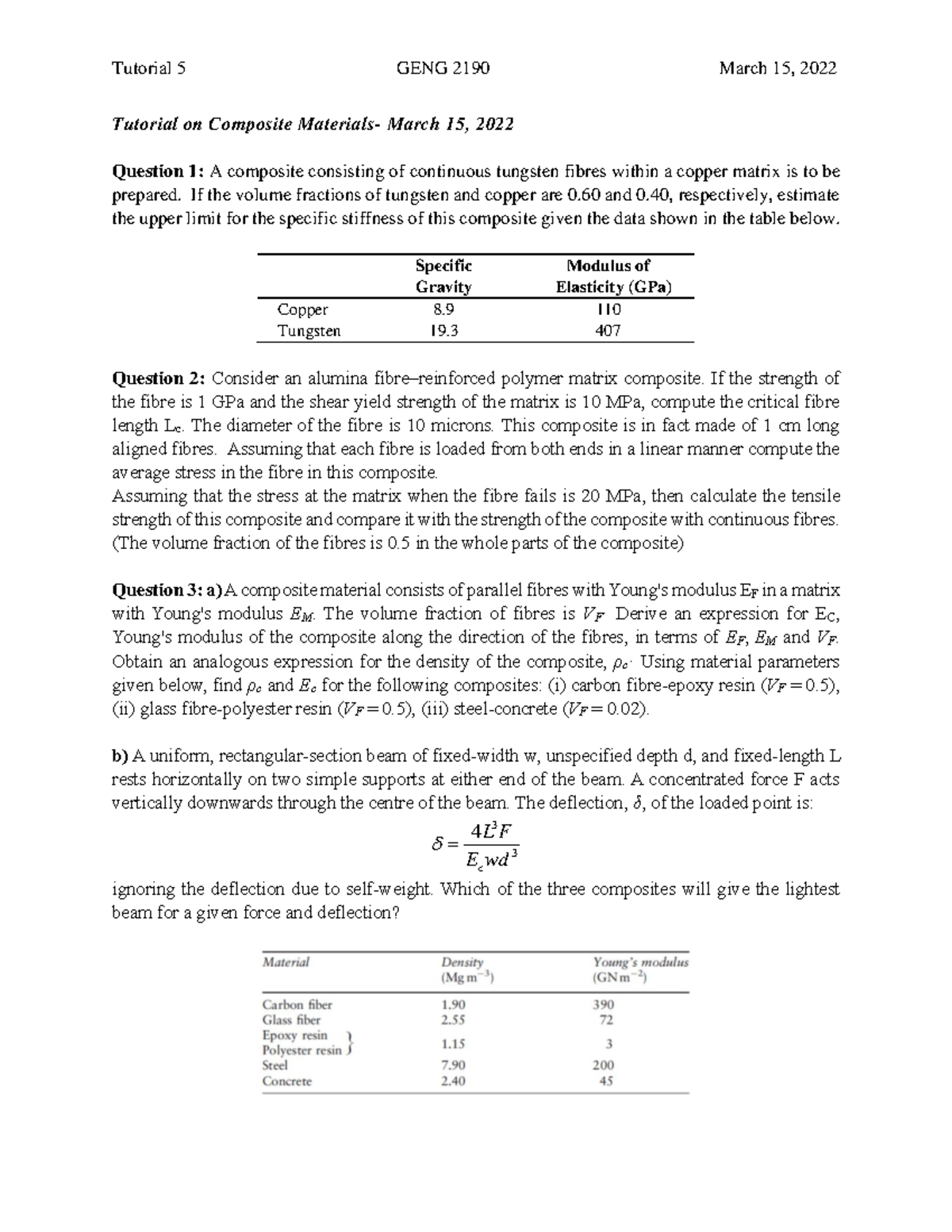 Tutorial 5 Questions-1 - Tutorial 5 GENG 2190 March 15, 2022 Tutorial on Composite Materials ...