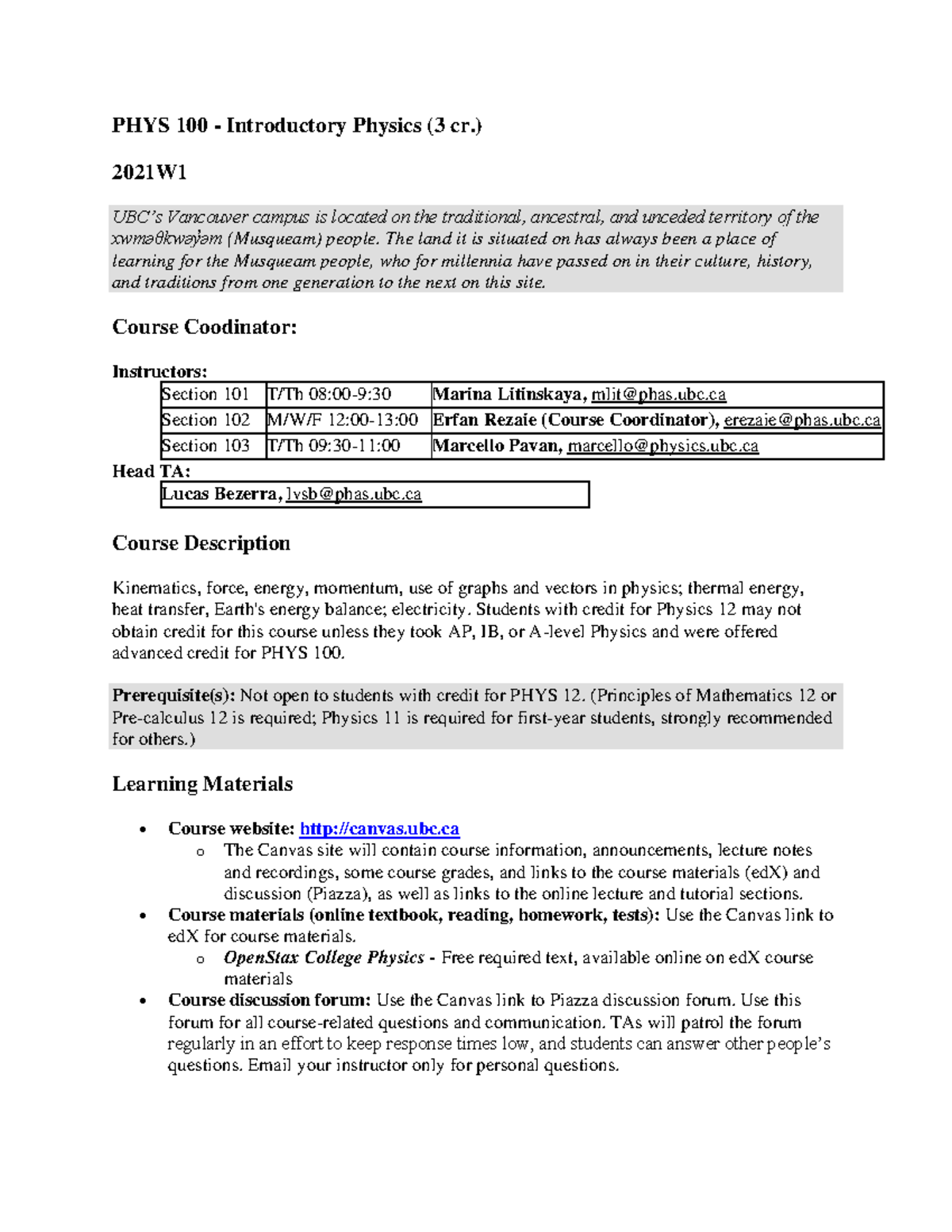 PHYS 100- Syllabus- 2021W1 - PHYS 100 - Introductory Physics (3 cr ...