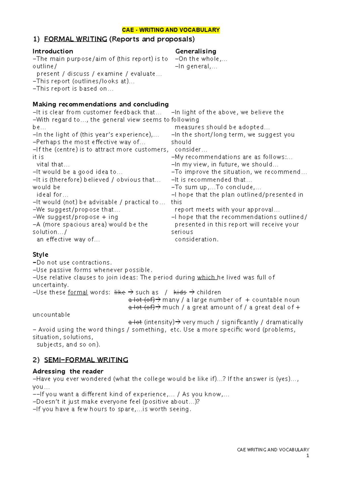 CAE Writing (useful language) - CAE - WRITING AND VOCABULARY 1) FORMAL ...