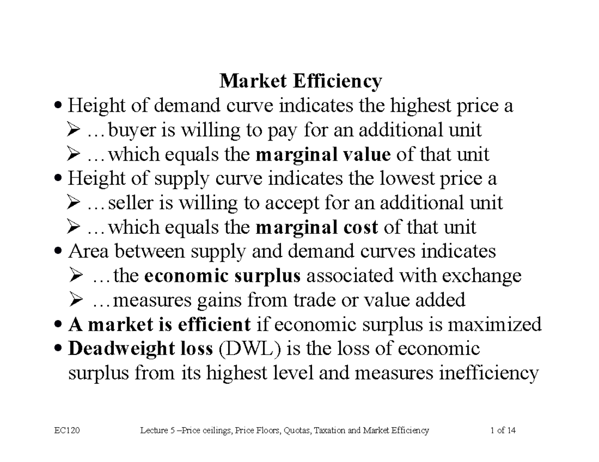 Lecture 5 - Market Efficiency Height of demand curve indicates the ...