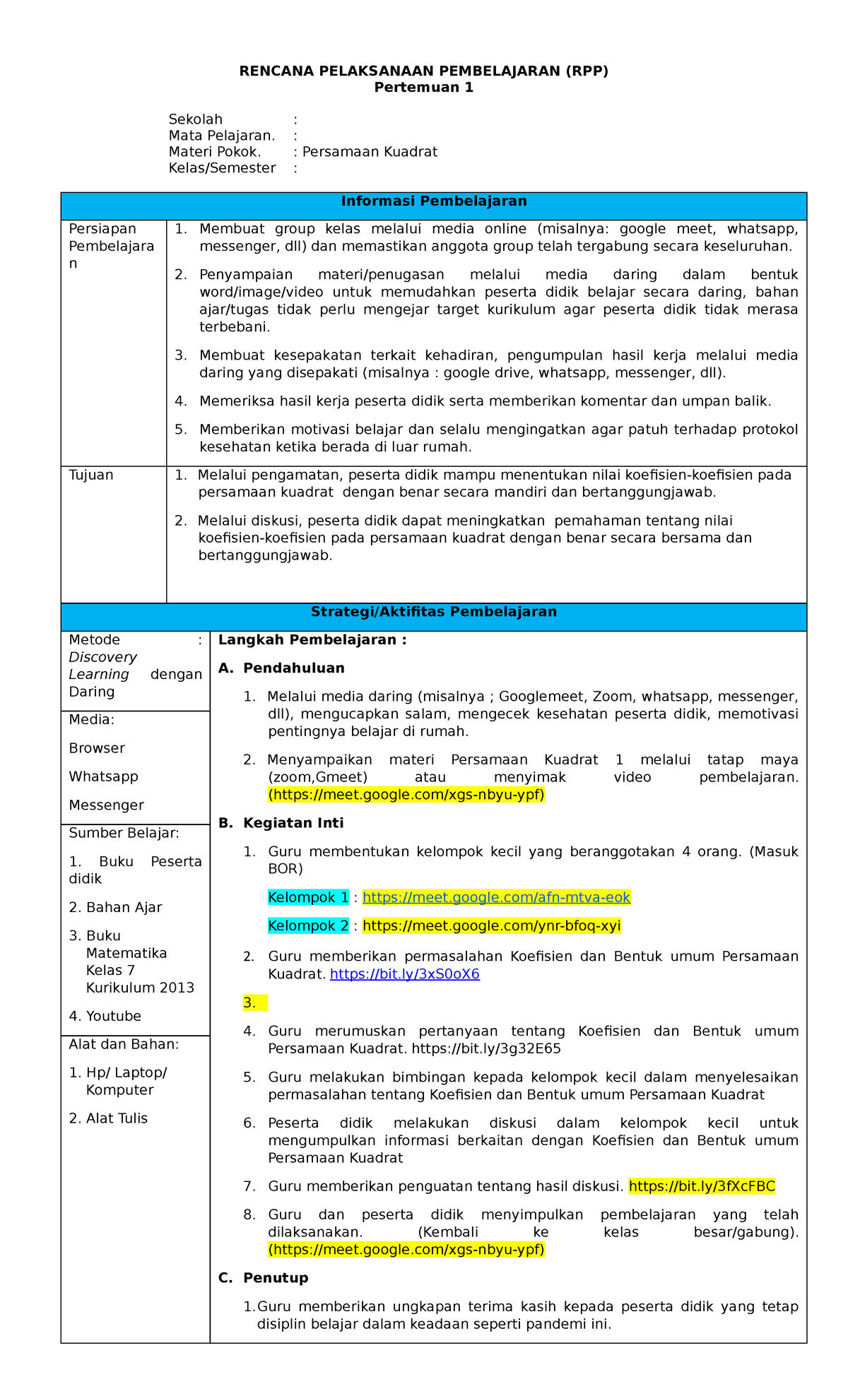 (1) RPP Daring 1 Persamaan Kuadrat - RENCANA PELAKSANAAN PEMBELAJARAN ...