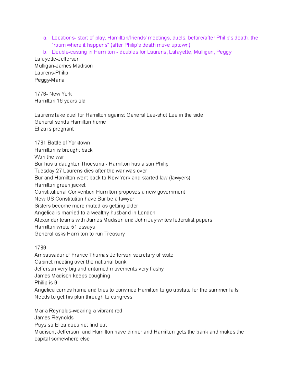 Hamilton Notes - a. Locations- start of play, Hamilton/friends ...