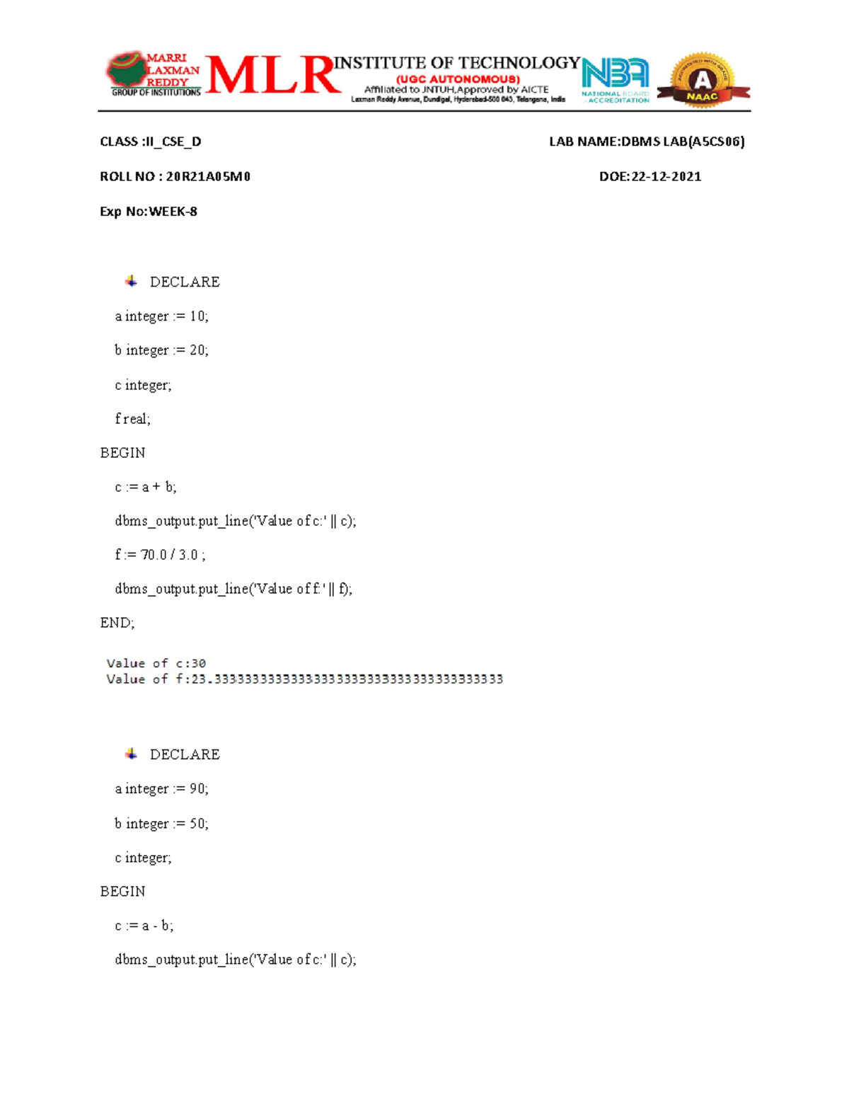 DBMS3 - sql notes - CLASS :II_CSE_D LAB NAME:DBMS LAB(A5CS06) ROLL NO ...