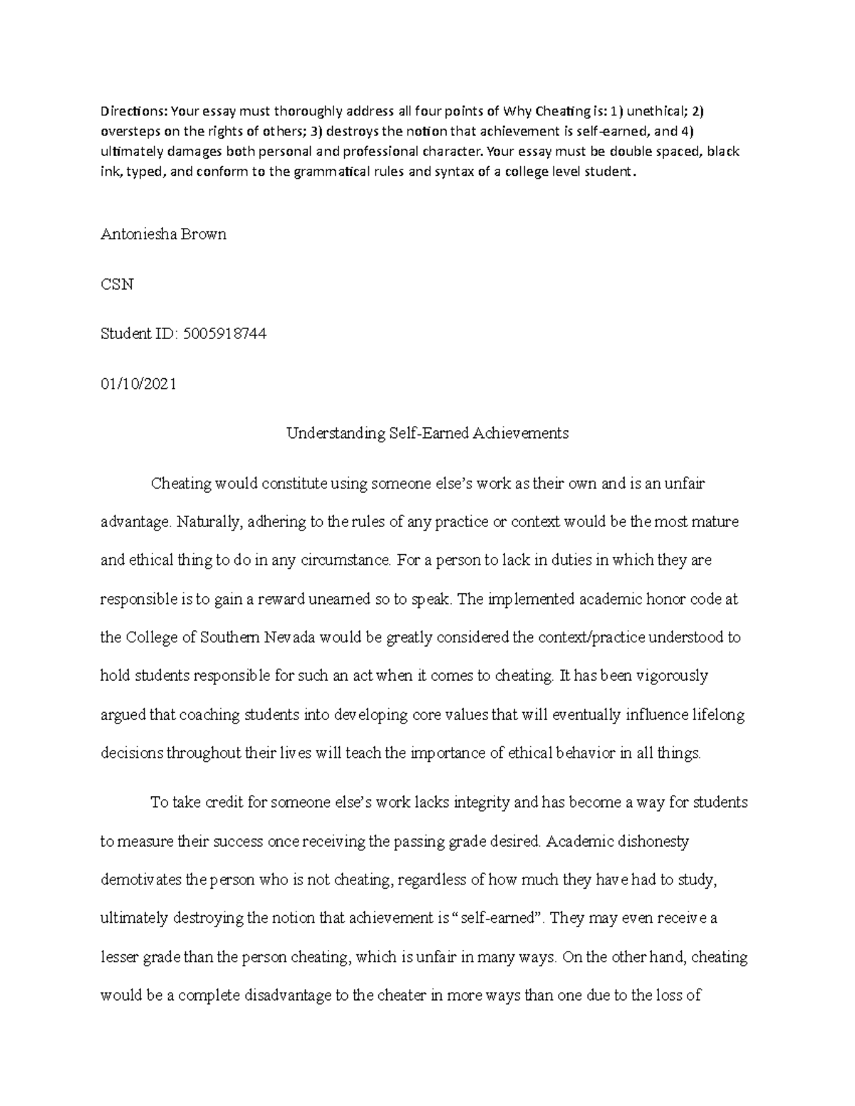 Academic Integrity Essay - Directions: Your essay must thoroughly ...