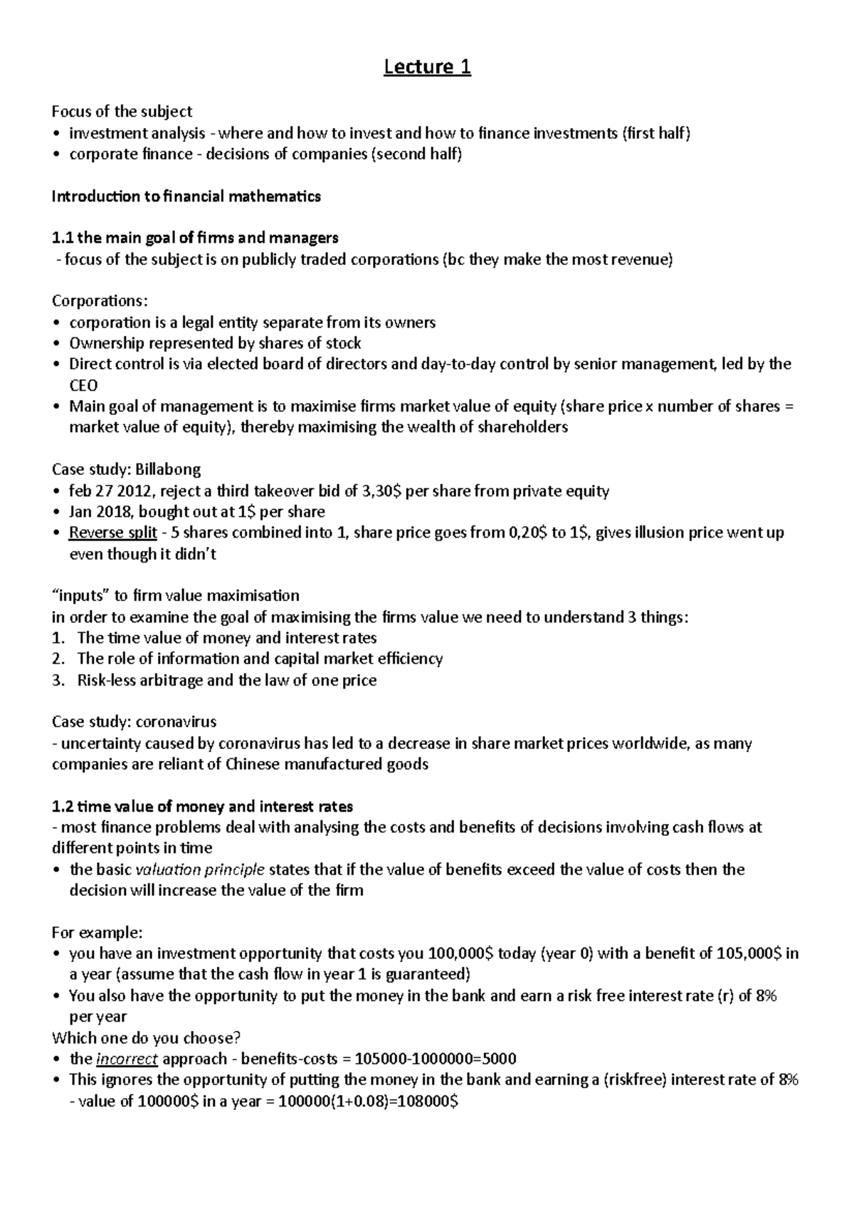Principles of Finance lecture notes - Lecture 1 Focus of the subject ...