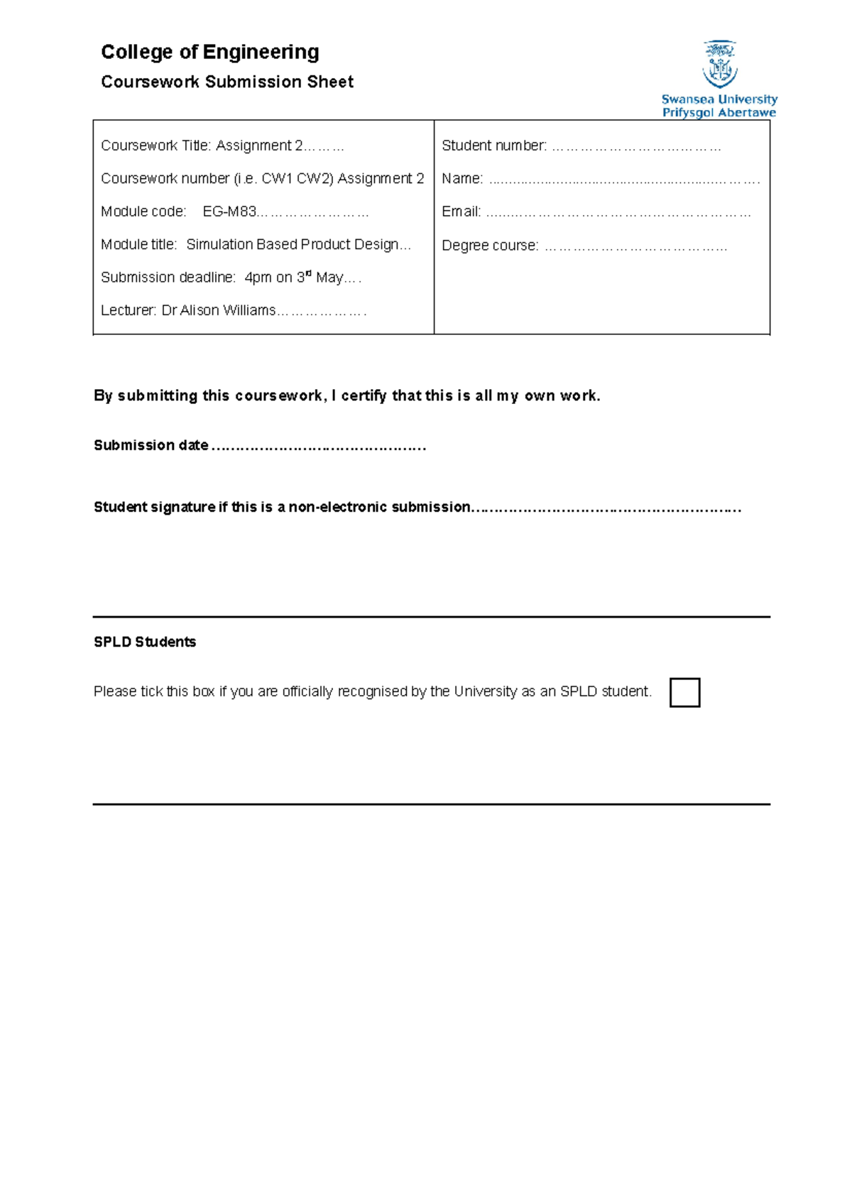EG-M83 Assignment 2 cover sheet - College of Engineering Coursework ...