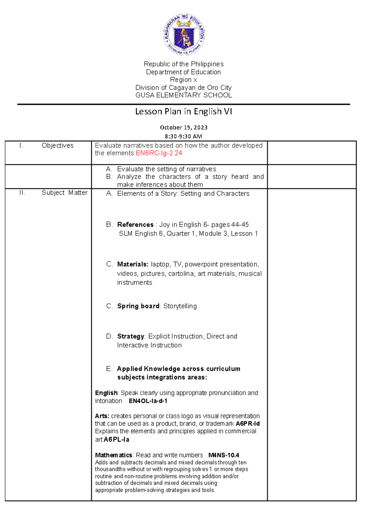 lesson plan in english 6 - Republic of the Philippines Department of ...