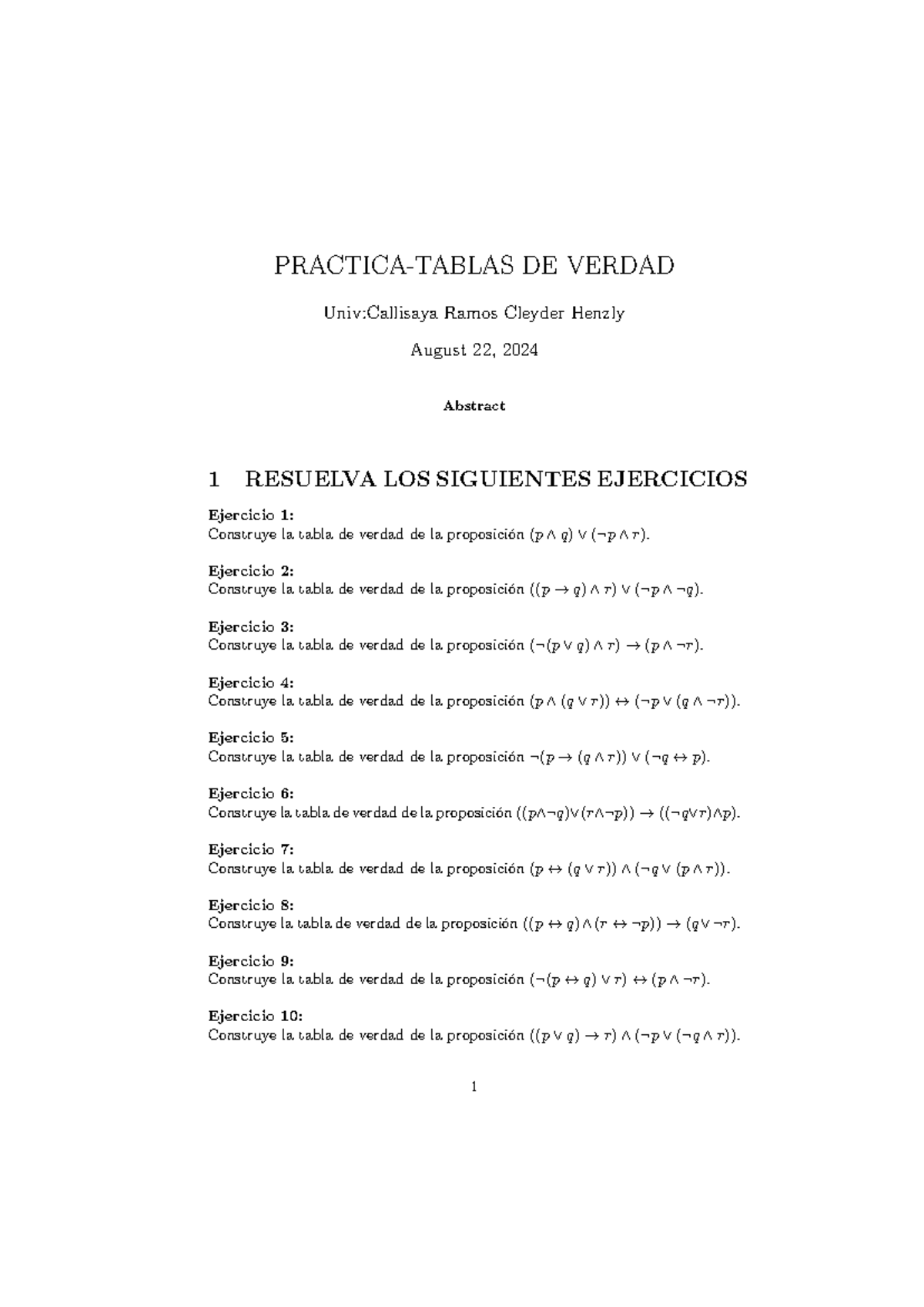 Practica- Tablas DE Verdad - PRACTICA-TABLAS DE VERDAD Univ:Callisaya ...