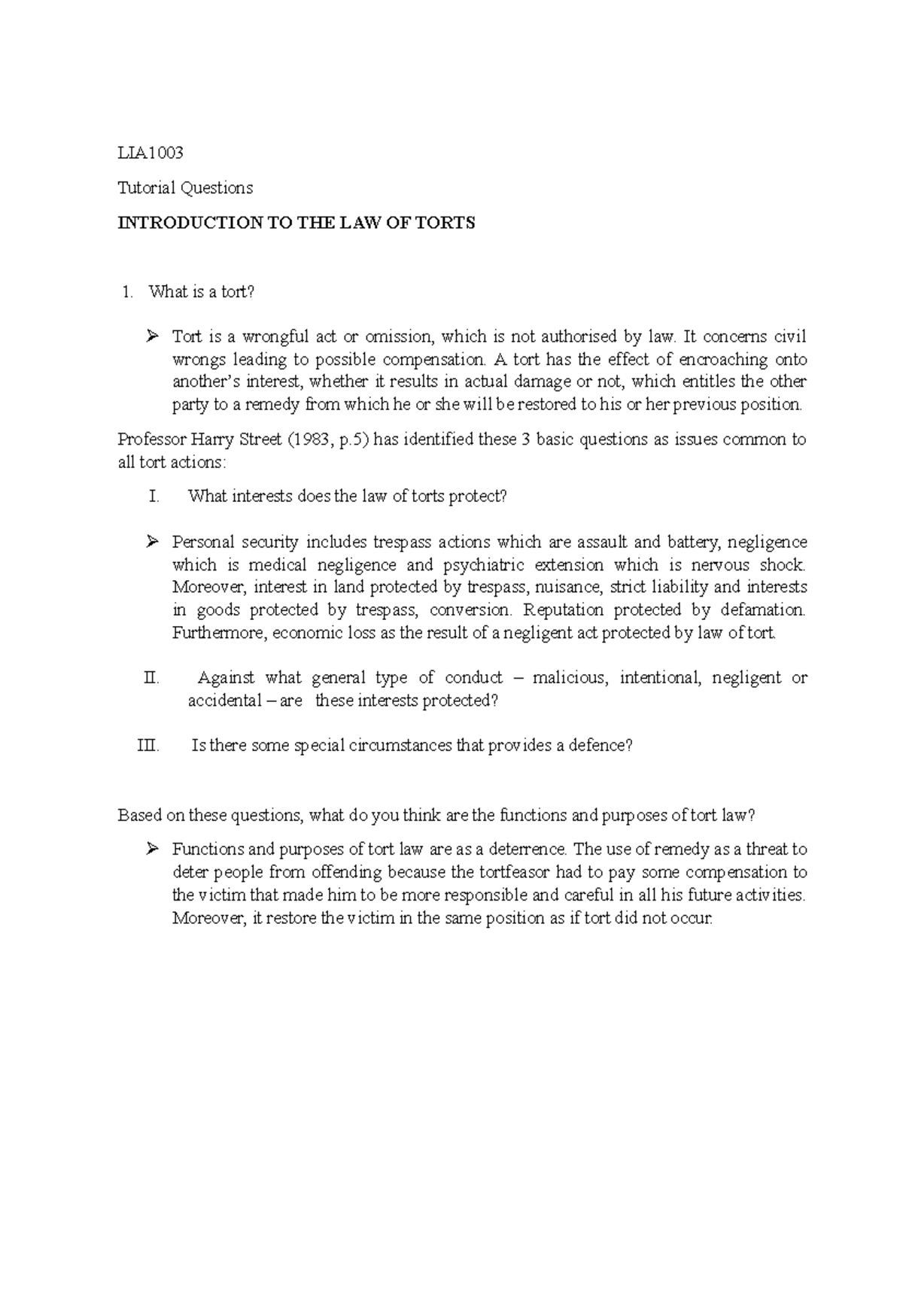Tutorial Tort Introduction - LIA Tutorial Questions INTRODUCTION TO THE ...