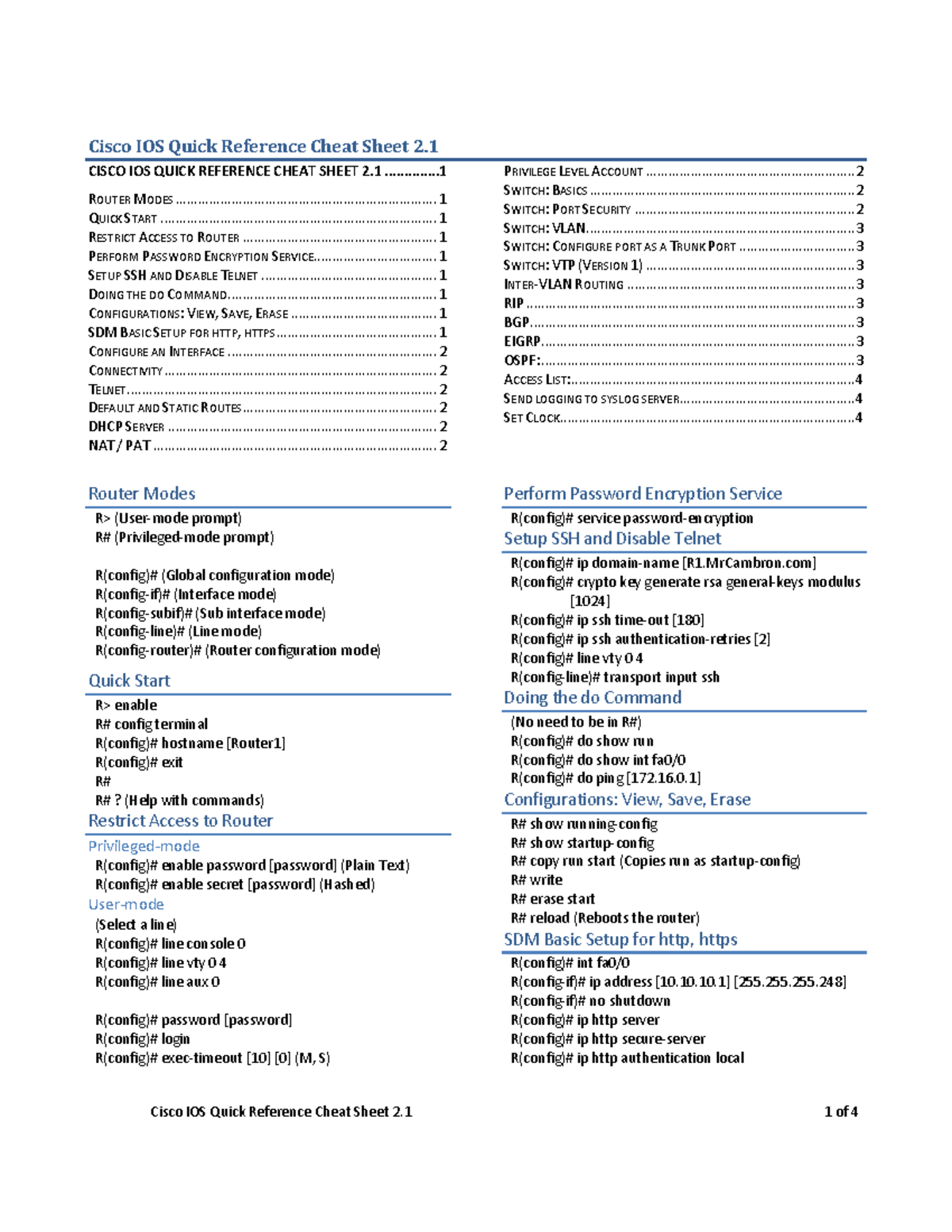 Quick Reference Cheat Sheet - CISCO IOS QUICK REFERENCE CHEAT SHEET 2 ...