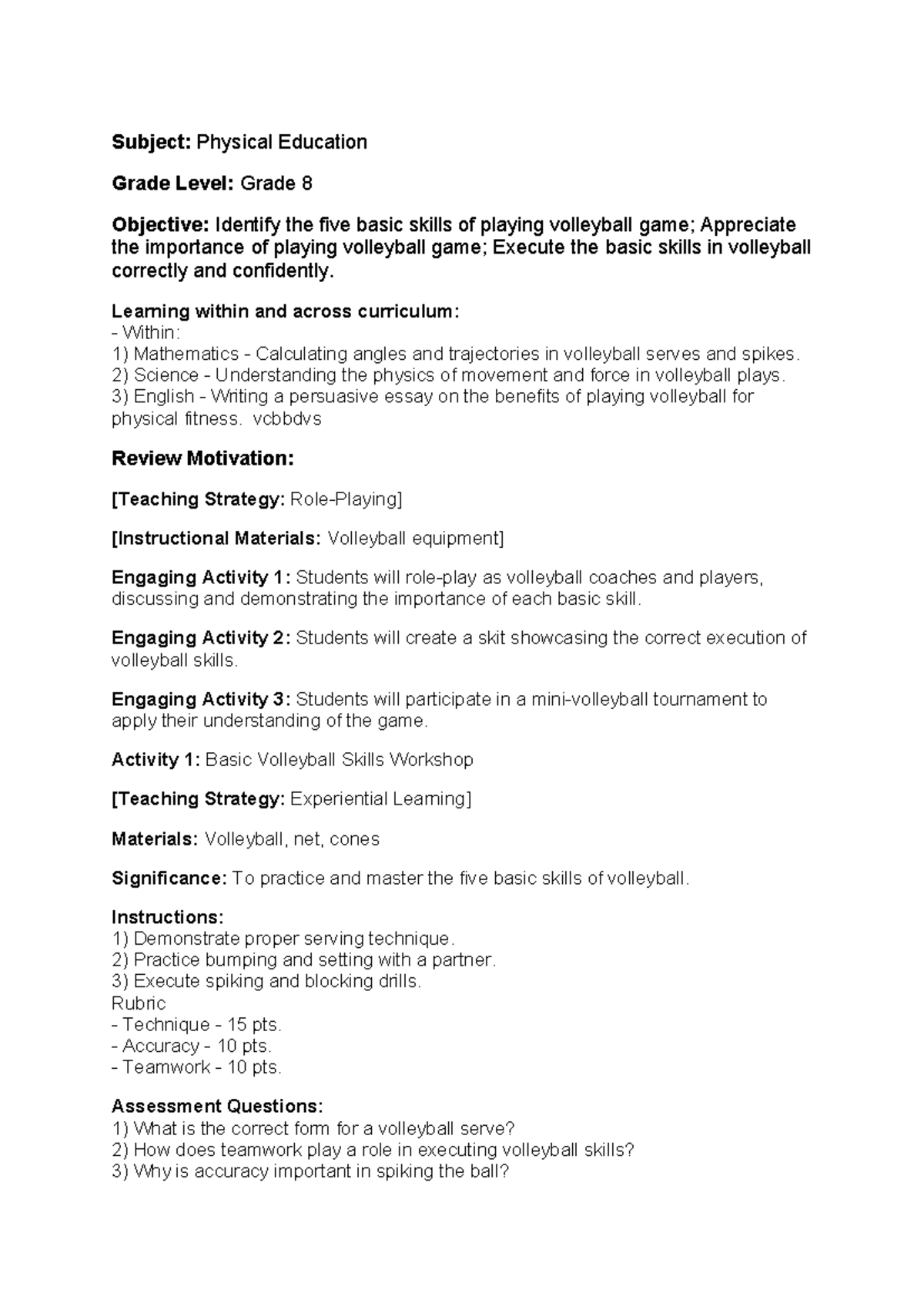 4A's Example Lesson Plan in Grade 8 students - Subject: Physical ...