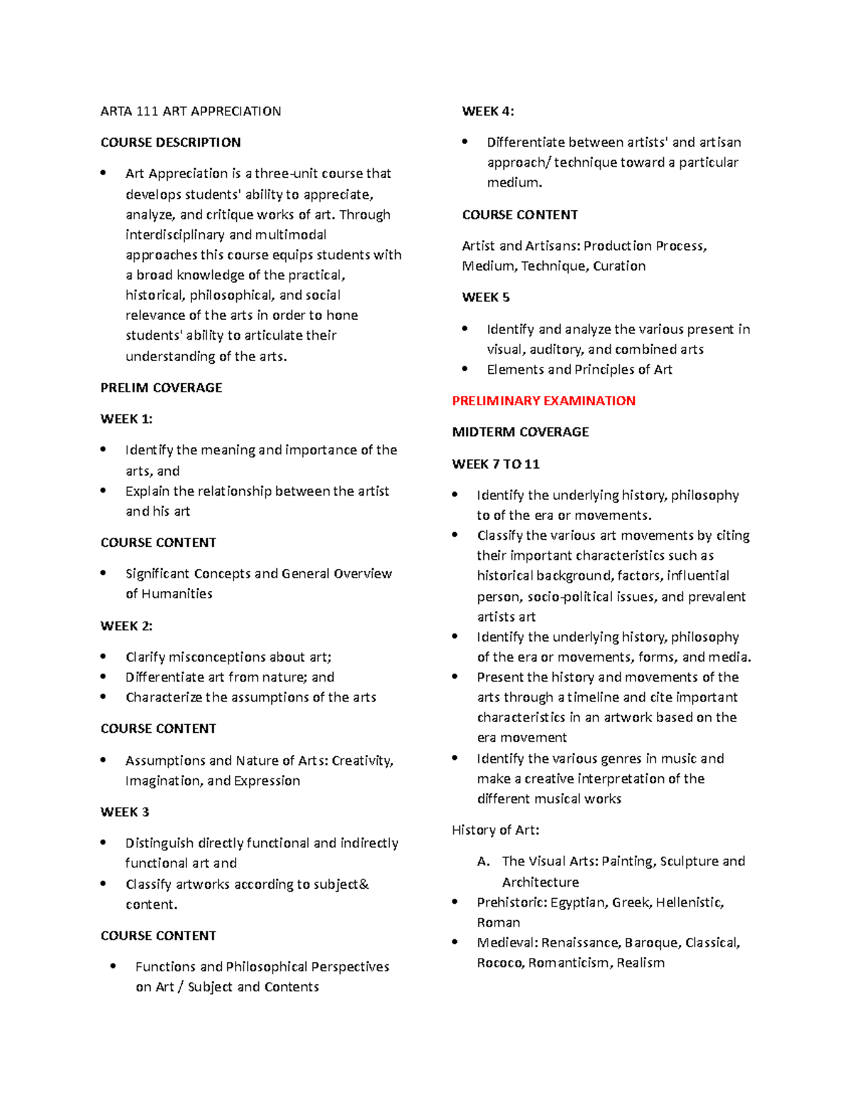 ARTA 111 ART Appreciation orientation and week 2 lesson - ARTA 111 ART ...