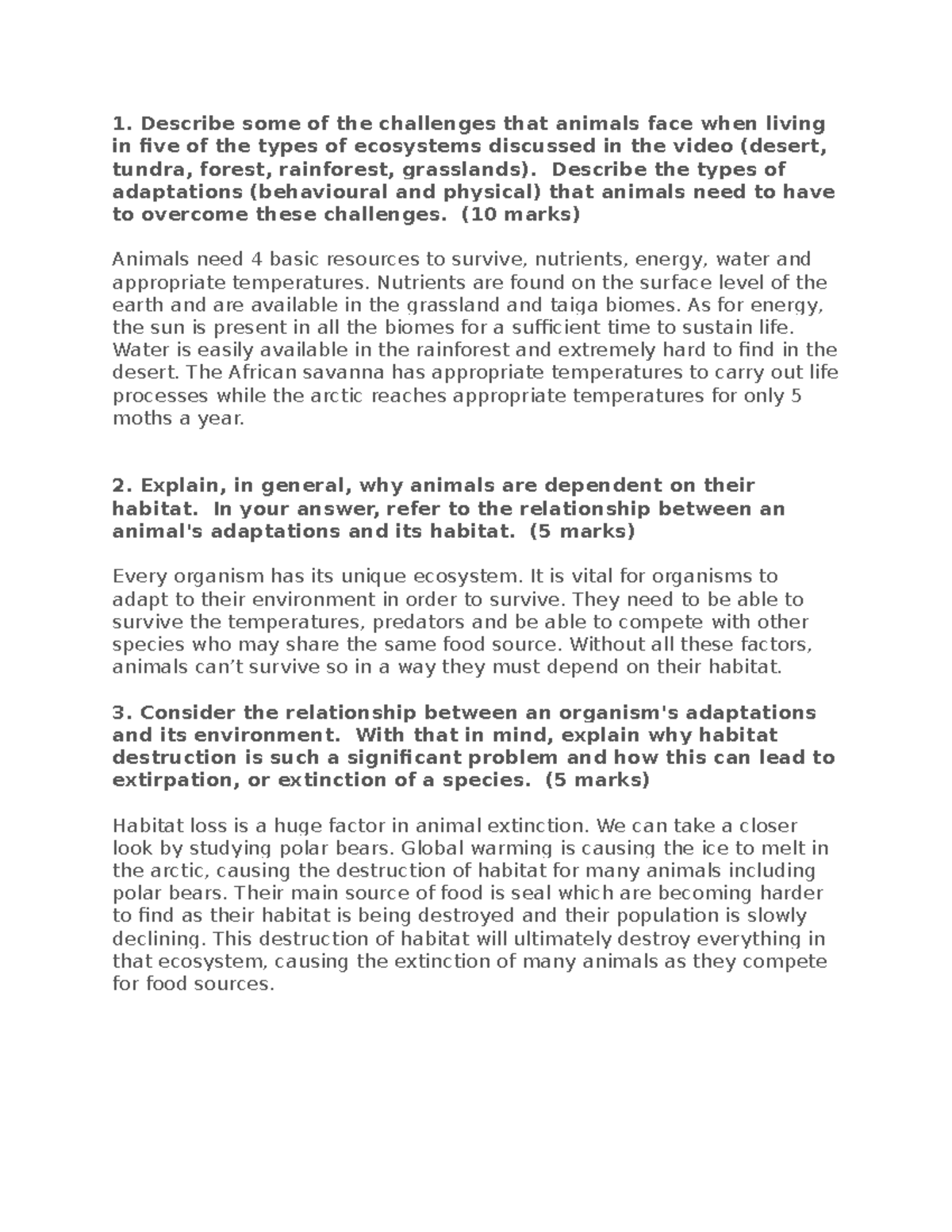 Animal Adaptations - a short assignment that went along with unit 2 ...