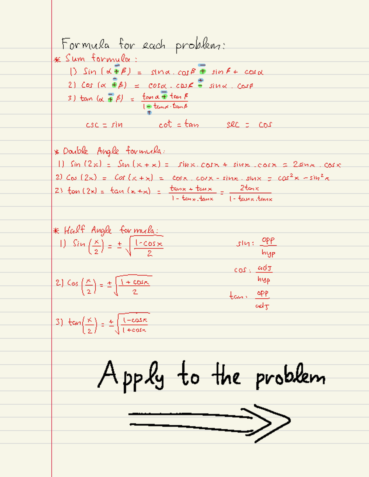 College Trig Exam 2 Cheat Sheet - Formula for each problem: *Sum ...