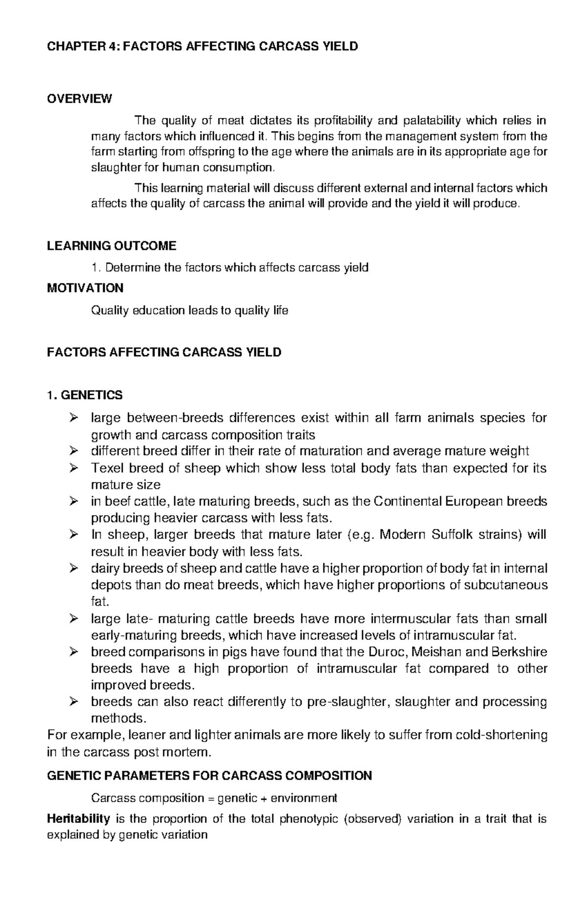 IV - Factors Affecting Carcass Yield - CHAPTER 4: FACTORS AFFECTING ...