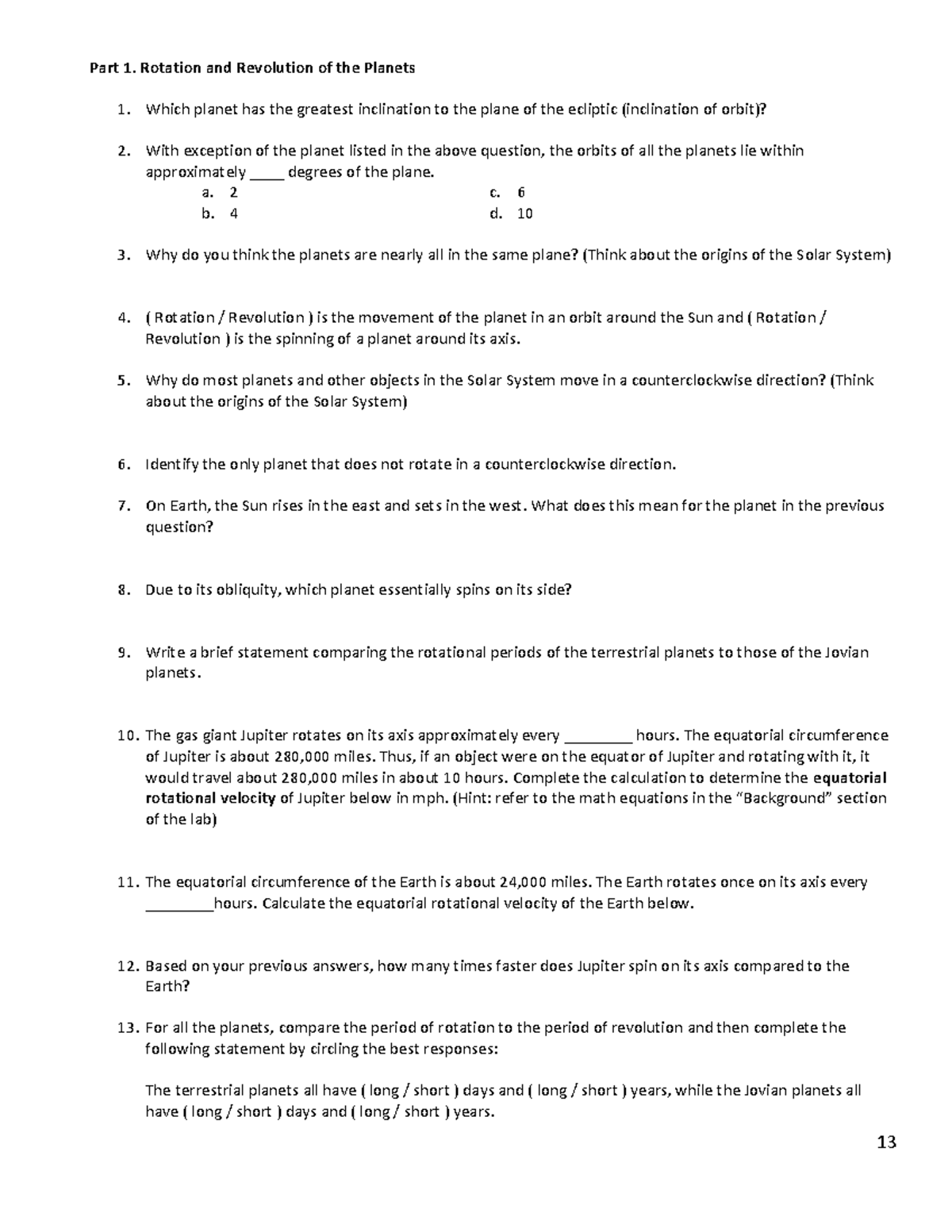 Lab 1 - Patterns in the Solar System Questions - 13 Part 1. Rotation ...