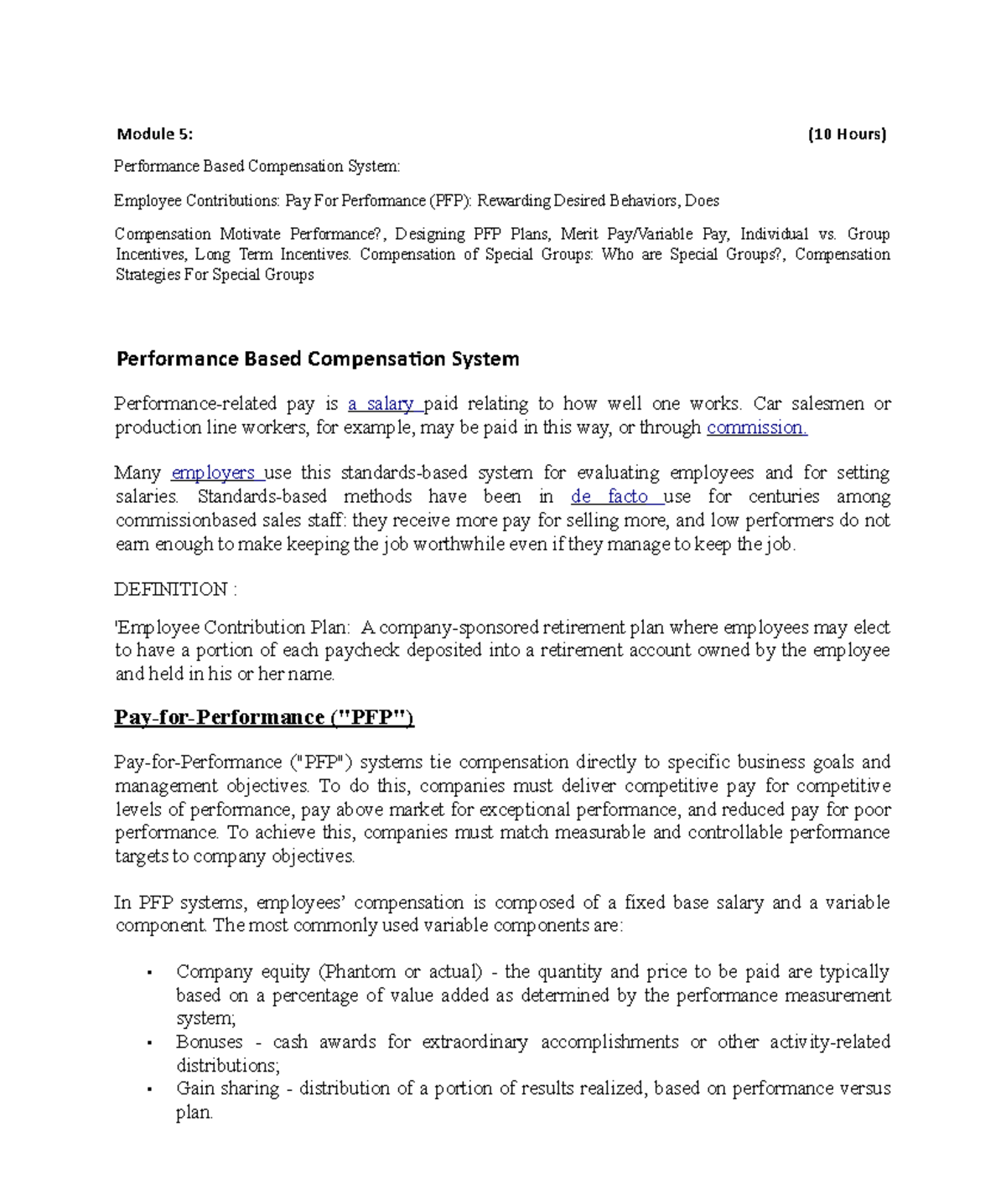 Compenations and Benefits M5 - Module 5: (10 Hours) Performance Based ...