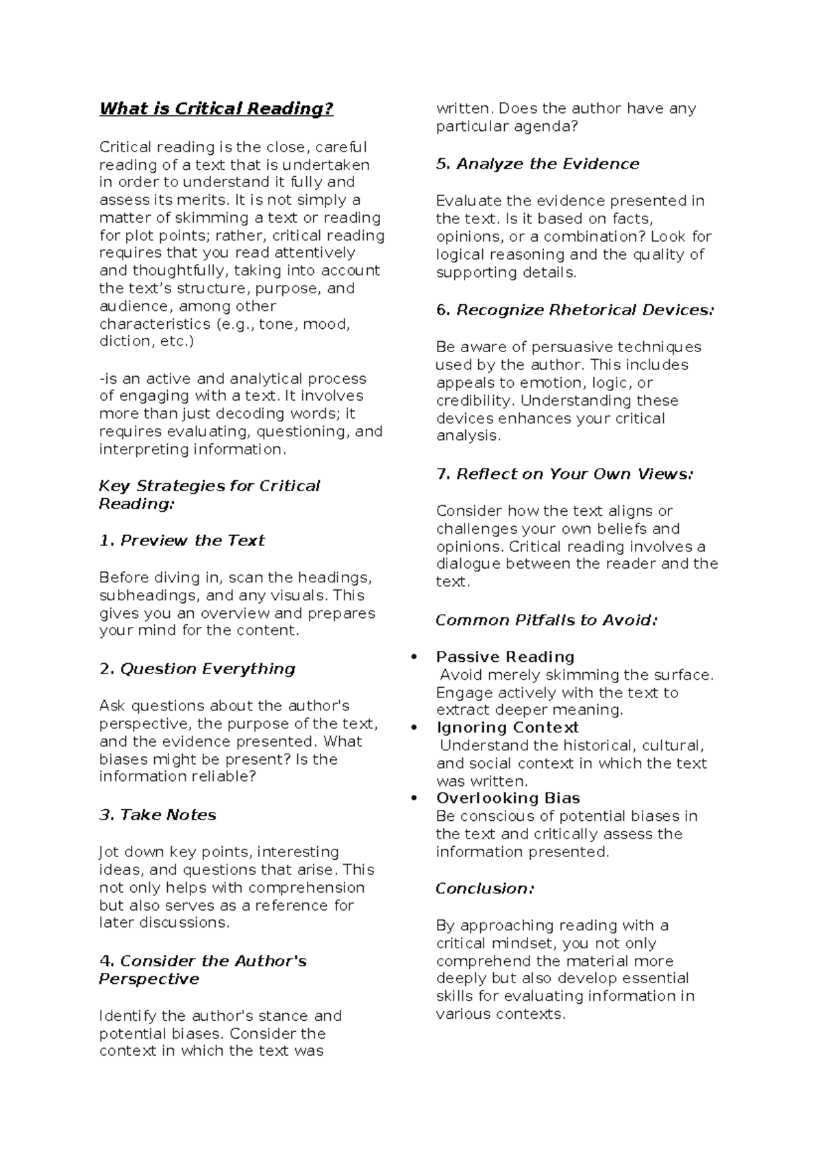 Hand-outs Final - What is Critical Reading? Critical reading is the ...