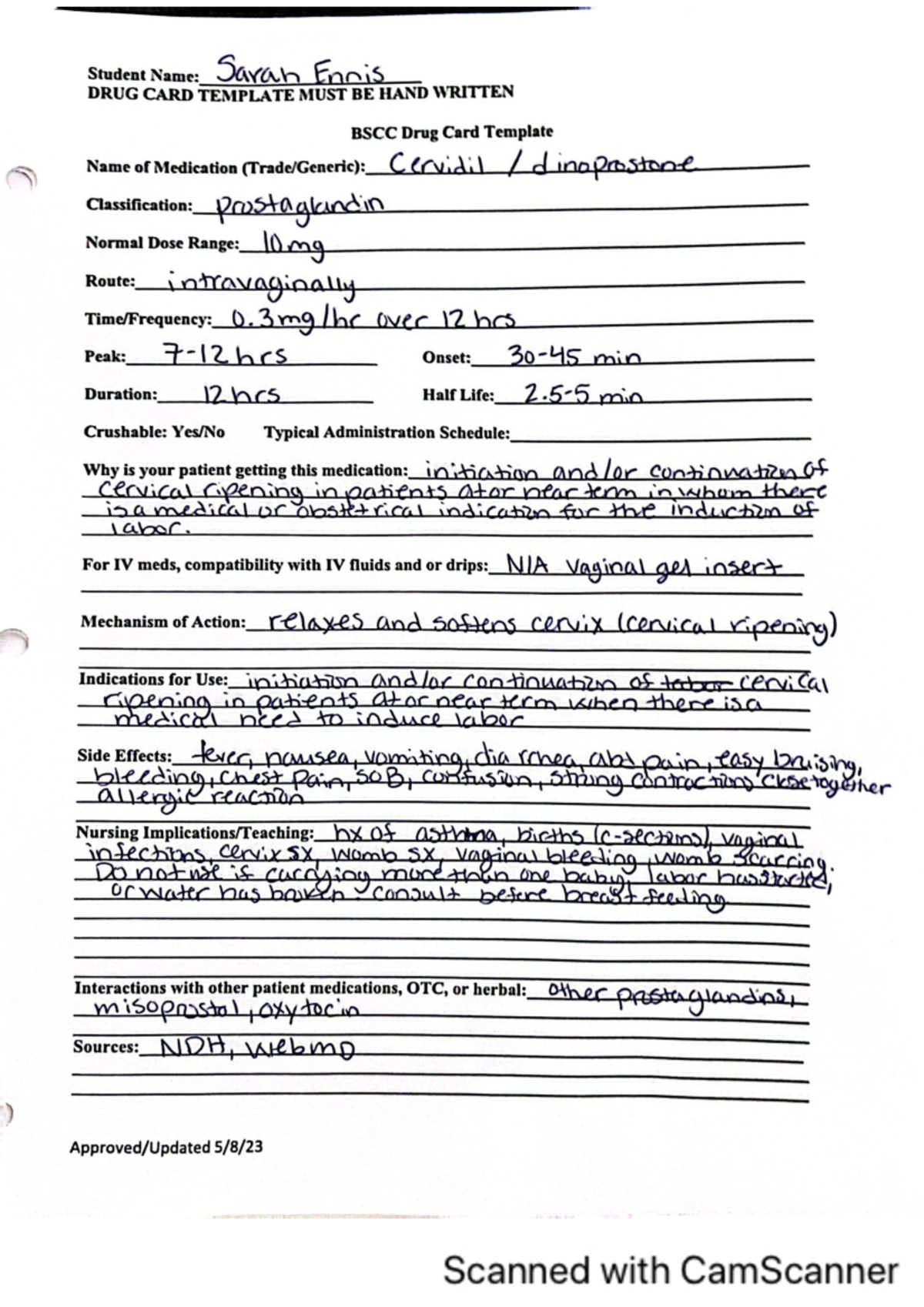 Drug Card Cervidil Sarah Ennis - NUR114 - Studocu