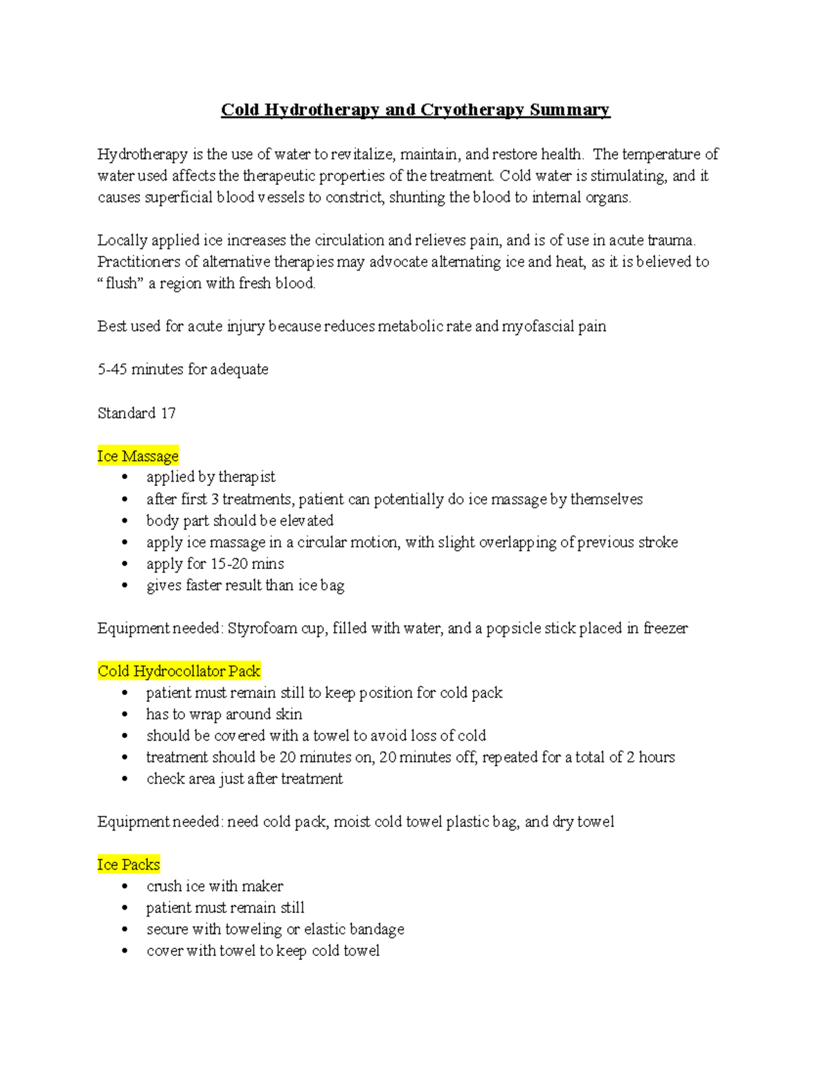 Cold Hydrotherapy and Cryotherapy Summary - Cold Hydrotherapy and ...