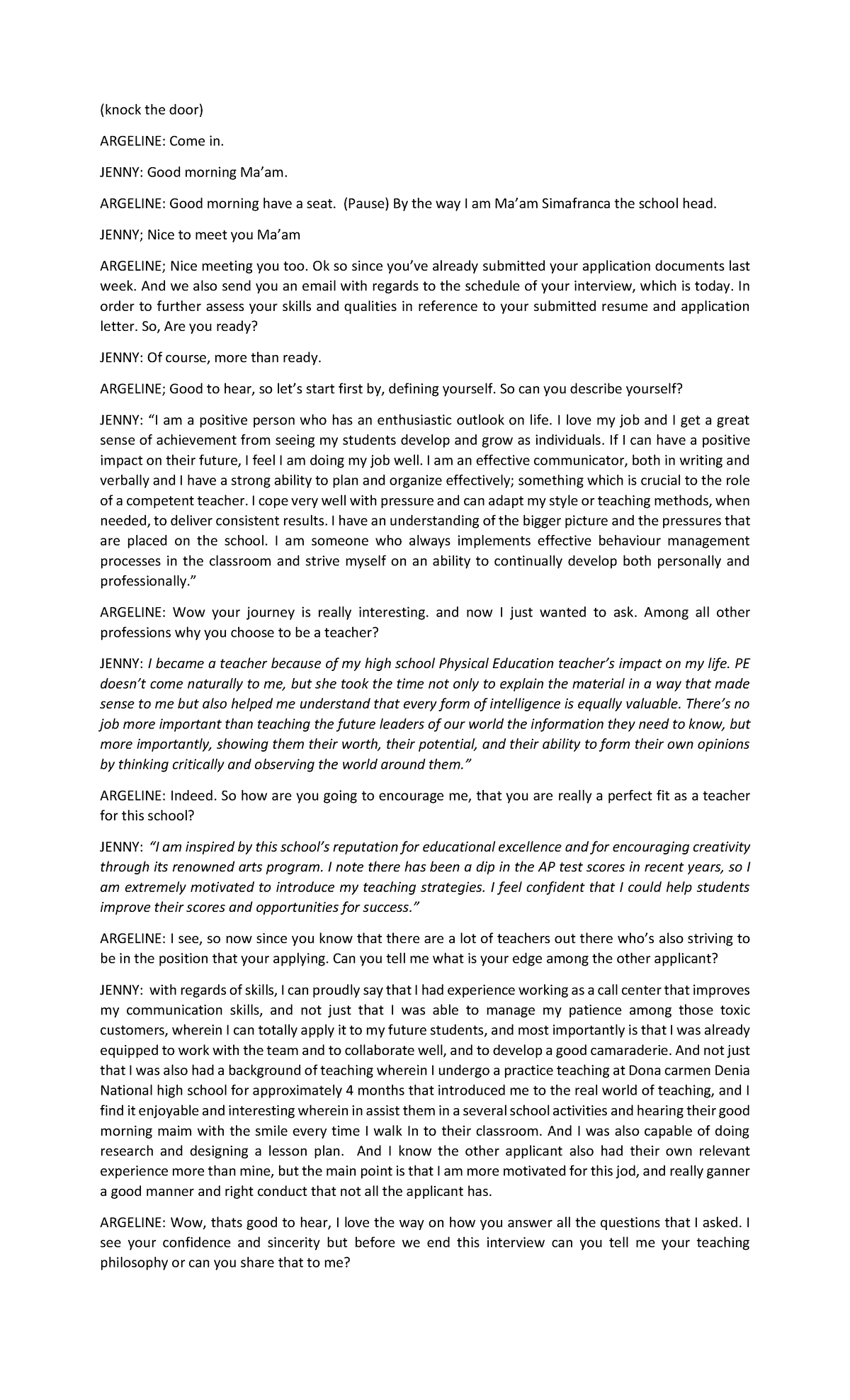 Script about the panel interview for teacher - (knock the door ...