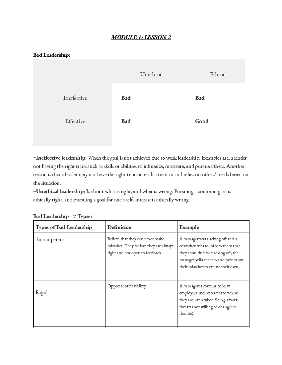 OL140 Module 1 Lesson 2 - yes - MODULE 1: LESSON 2 Bad Leadership ...