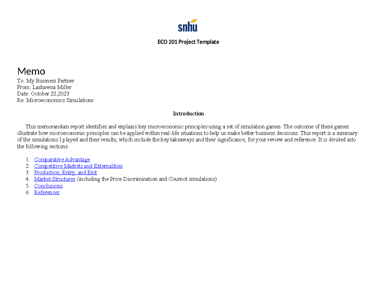 ECO 201 Project Template - ECO 201 Project Template Memo To: My ...