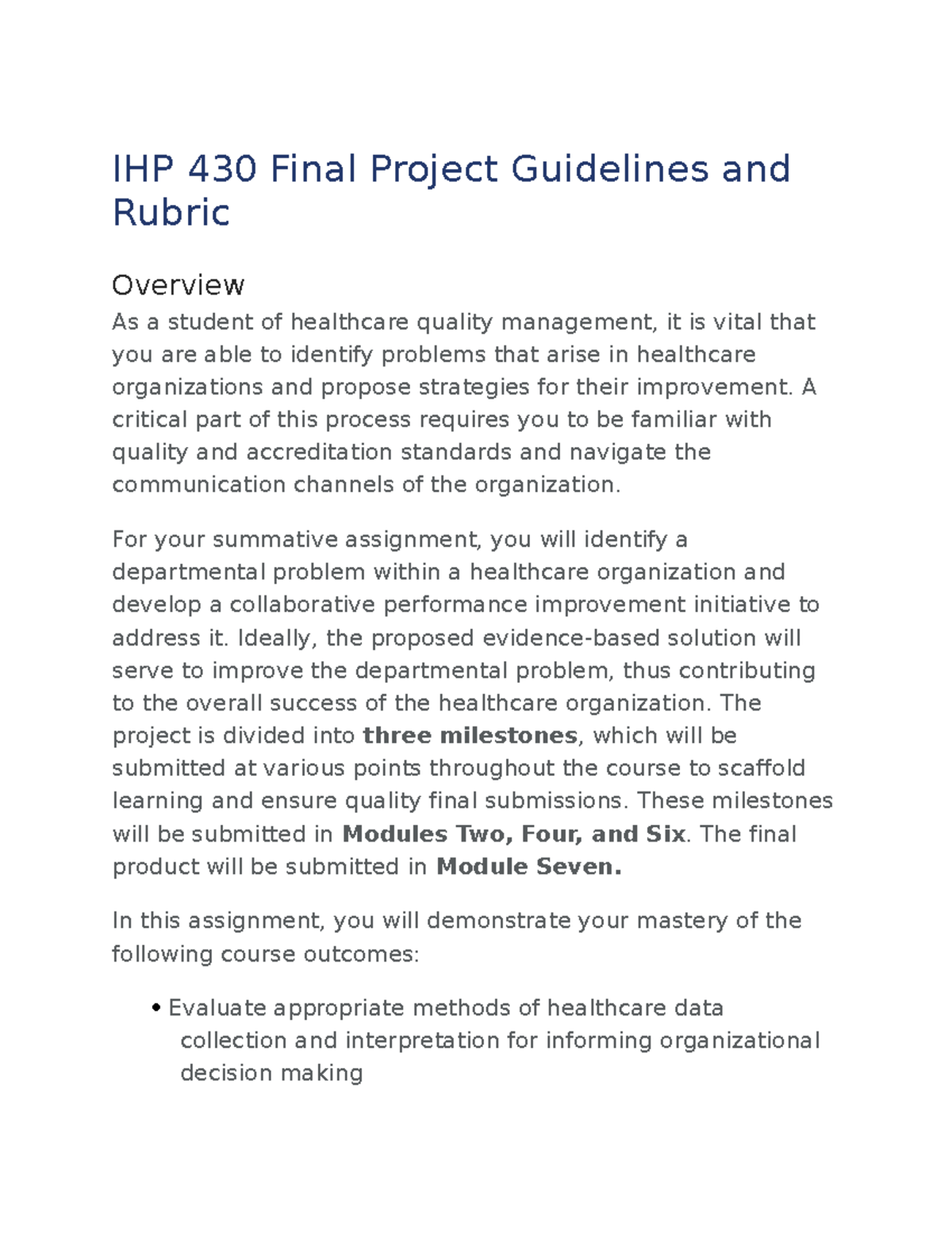 IHP 430 Final Project Guidelines and Rubric - IHP 430 Final Project ...